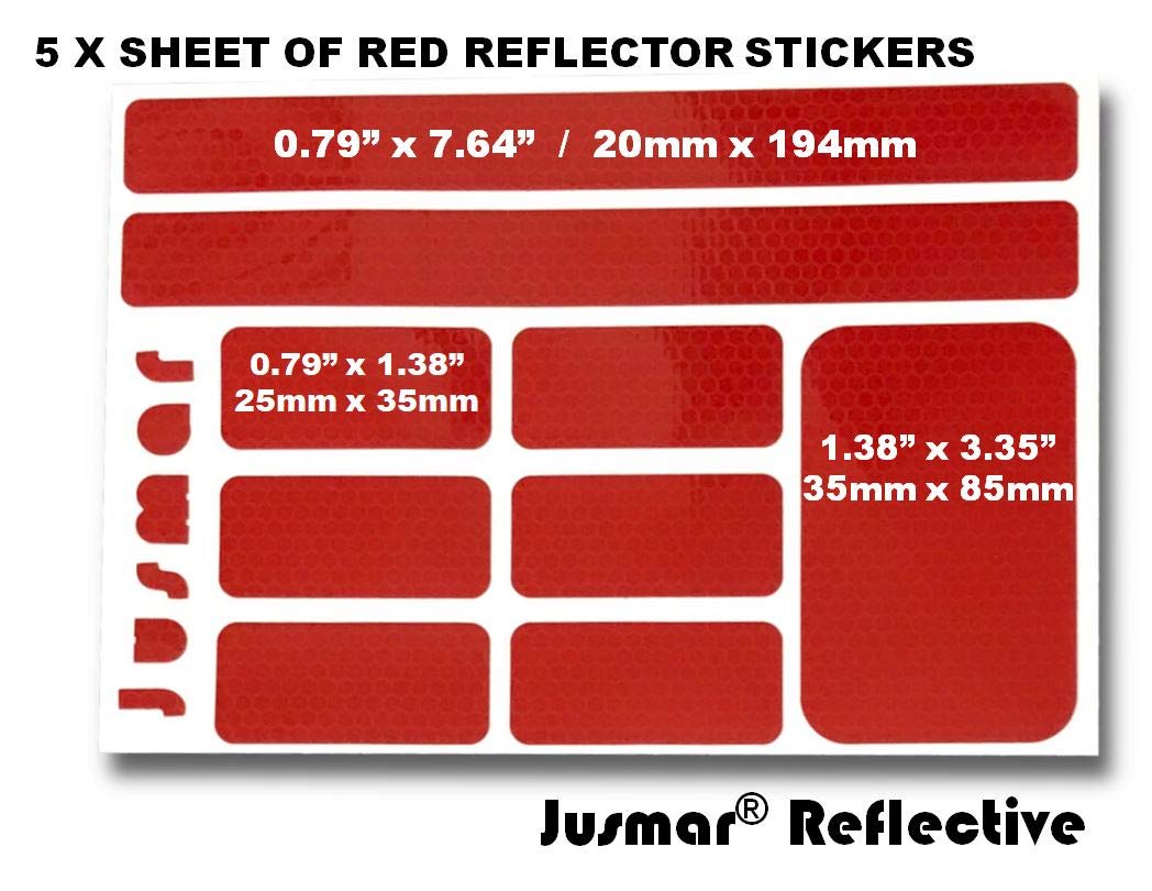 Jusmar Waterproof Red Reflective Stickers (5 Pack) 45pcs High Intensity Reflector Decals for Hard and Flat Surfaces, for Night Visibility