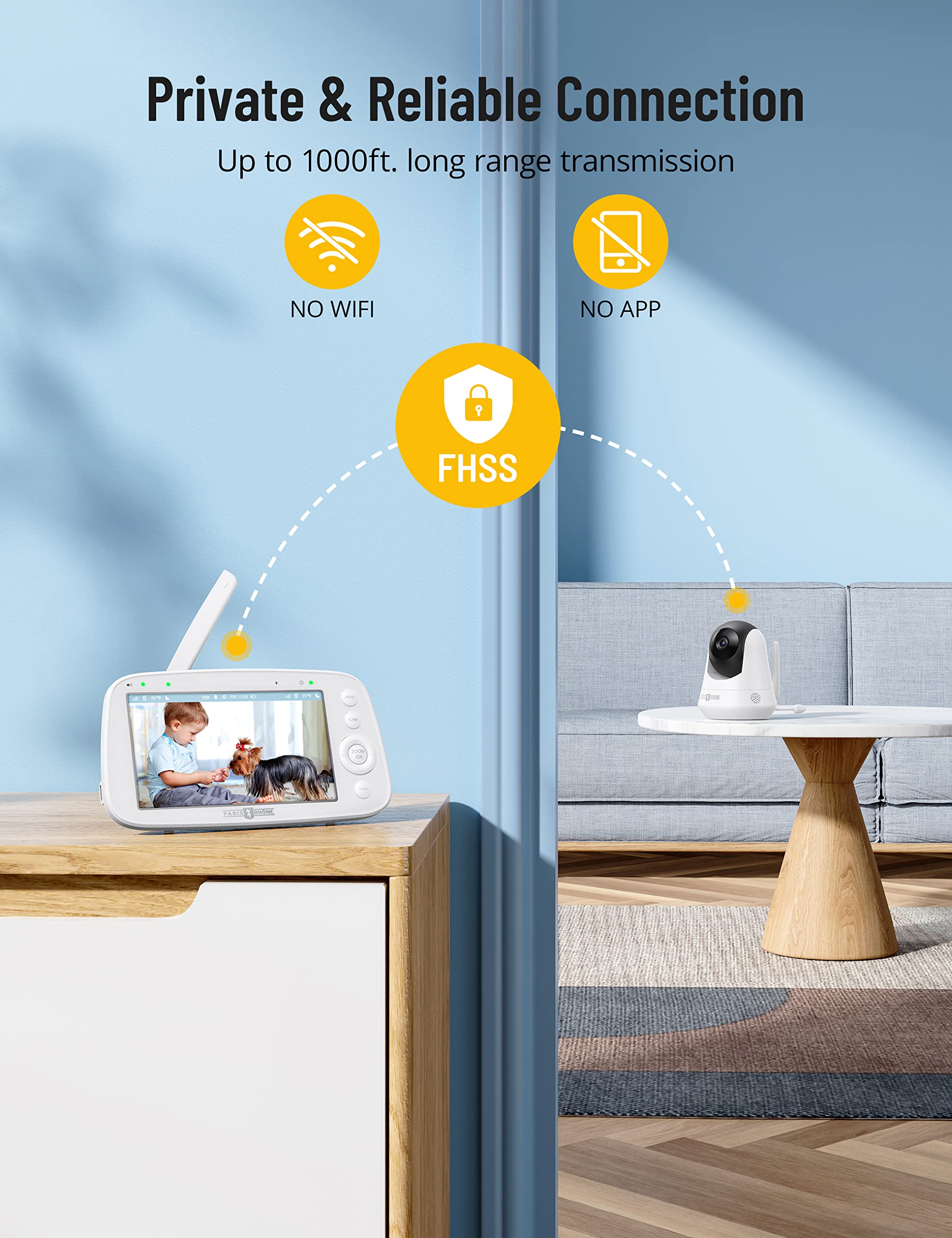 PARIS RHÔNE Video Baby Monitor, 5" 720P HD Baby Monitor with Camera and Audio, No WiFi, 2 Way Audio, VOX Mode, Infrared Night Vision, Feeding Reminder, Wide-Angle View Temperature Sensor Lullabies