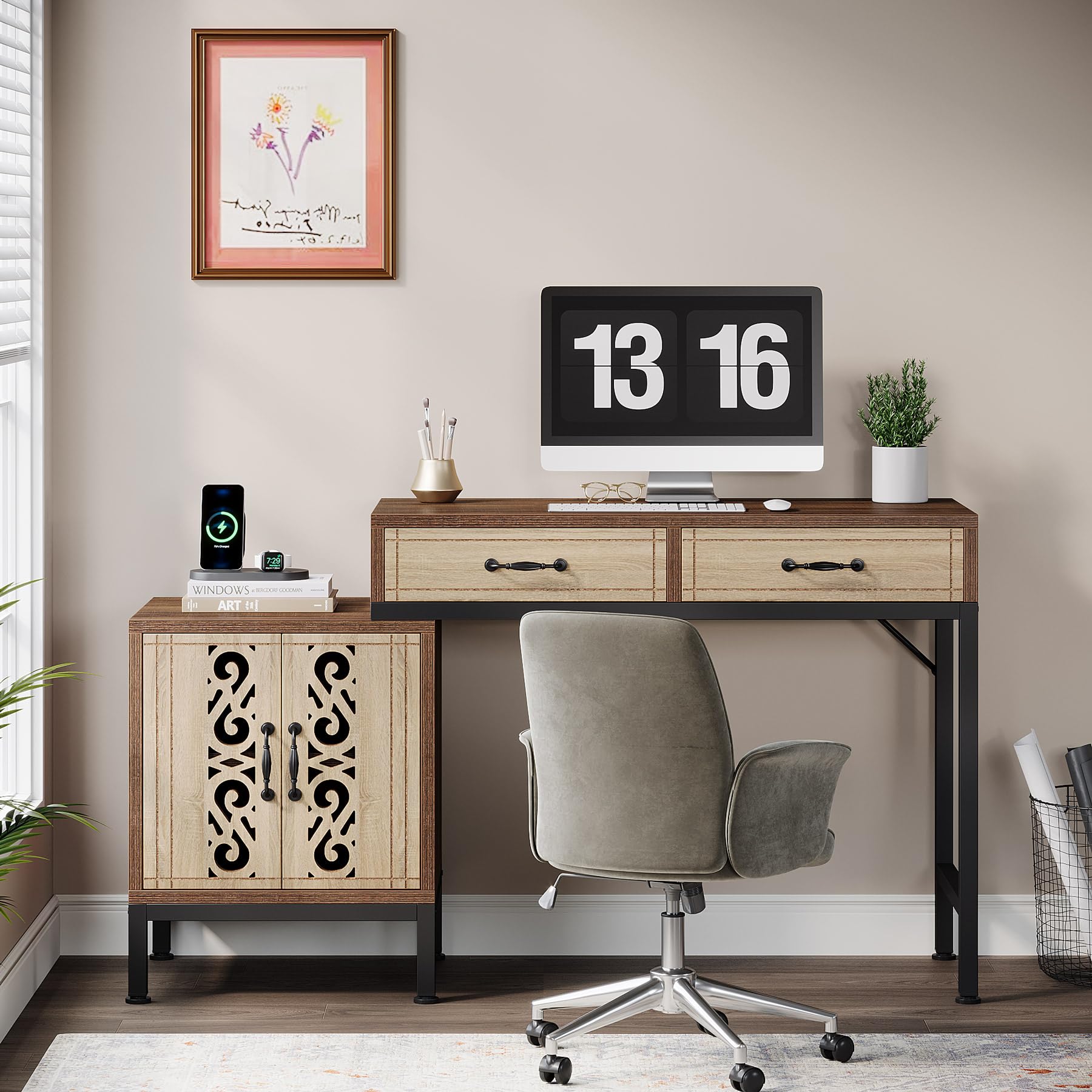 Tribesigns 55-Inch Computer Desk with Drawers, Home Office Desk with Storage Cabinet and Printer Space, Reversible Computer Desk Workstation for Home Office, Bedroom, Wood and Brown