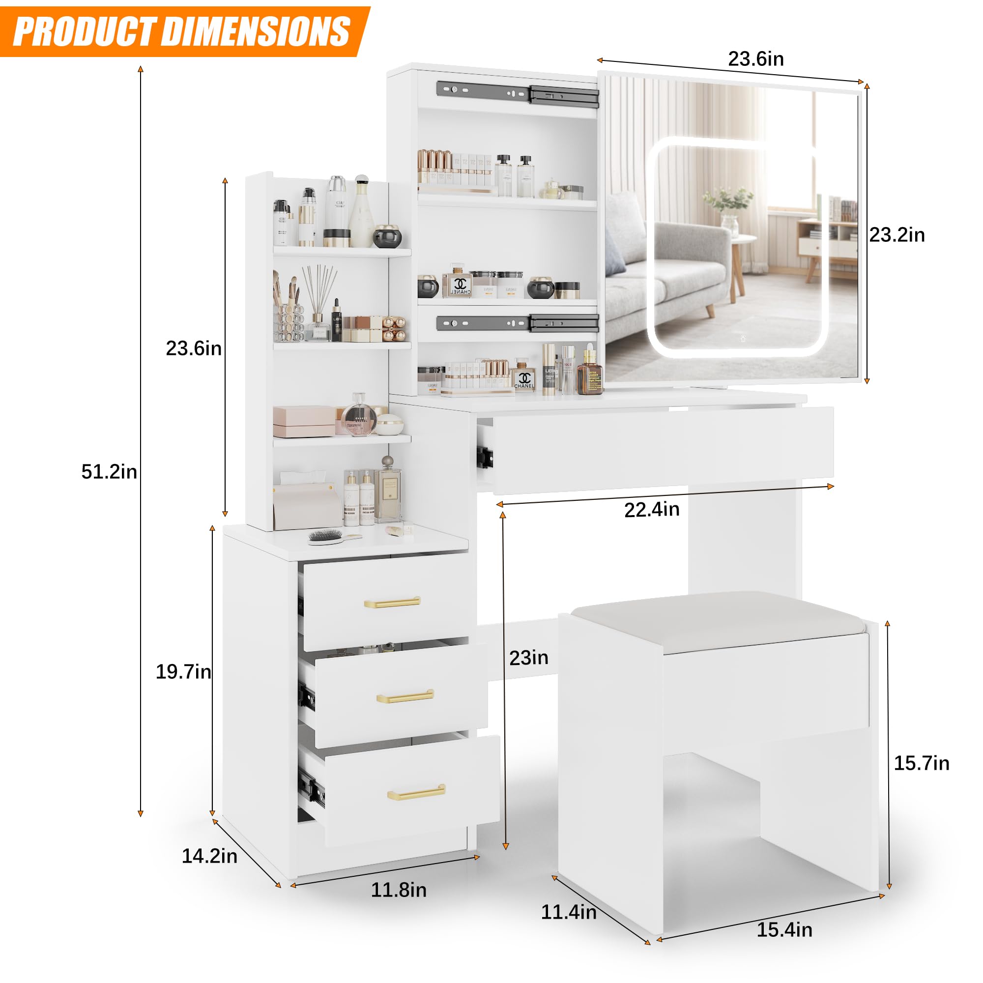Vanity Desk with Sliding Mirror and Lights, Makeup Vanity Set with Power Outlet, 4 Drawers, Stool, Open Shelves, 3 Color Lighting Modes, Brightness Adjustable, Makeup Dressing Table for Bedroom, White