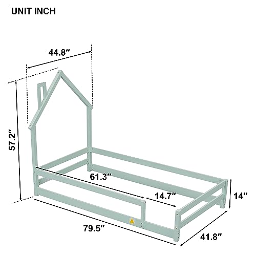 SIYSNKSI Twin Size Platform Bed, Wooden Platform Bed Frame with House-Shaped Headboard, Floor Bed with Fences for Kids Boys Girls Bedroom, Easy Assembly (Light Green + Pine 04)