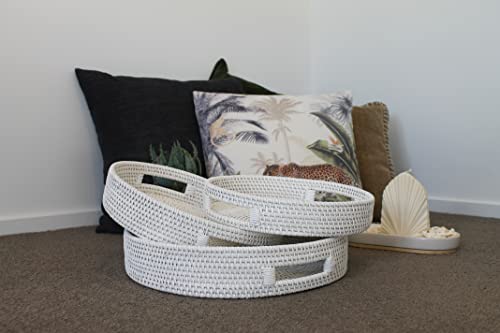 SIMPLY FABULOUS White Round Rattan Tray, Set of 2 Serving Trays with Handles, 13 & 11 inch