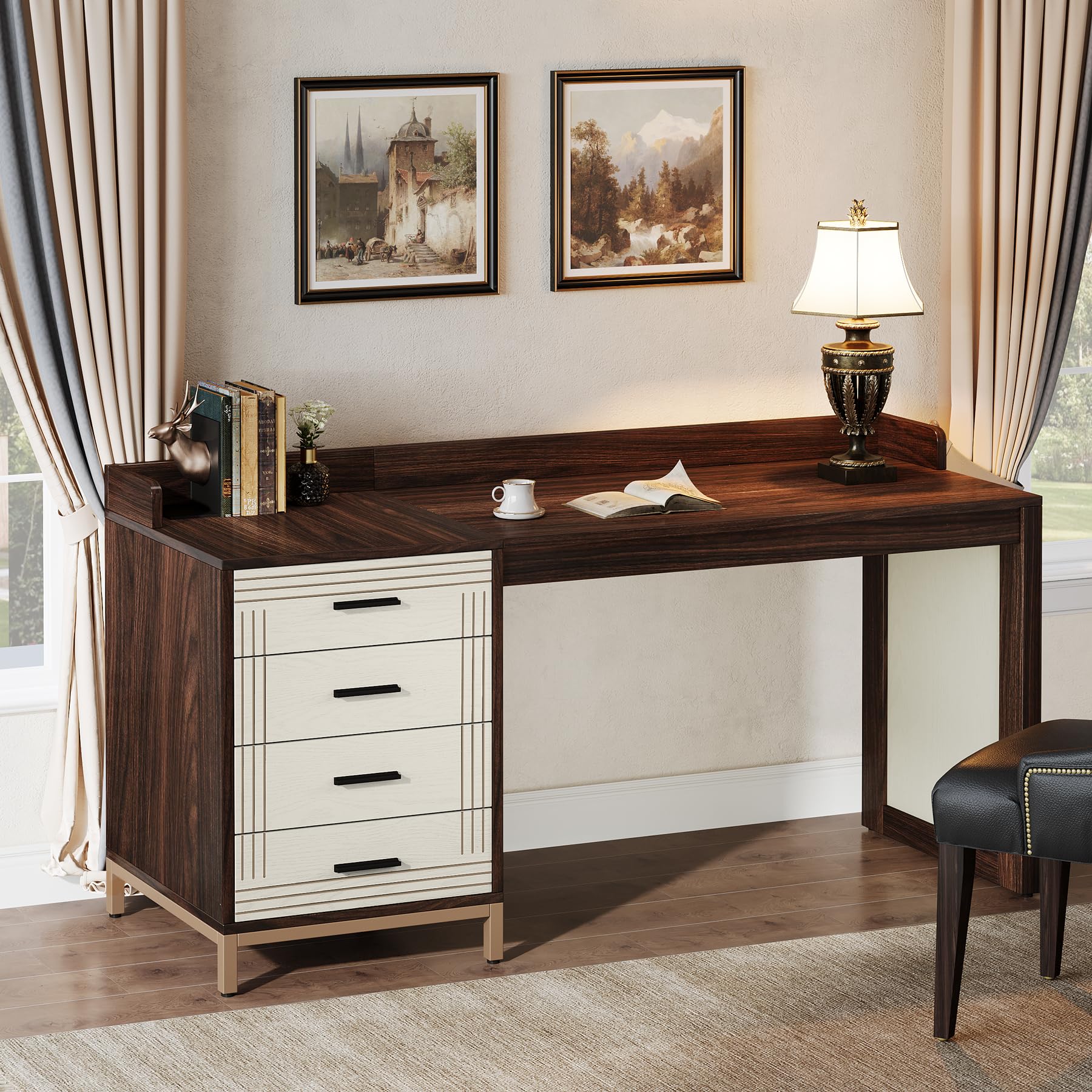 Tribesigns 61-Inch Computer Desk with 4 Drawers, Mid-Century Modern Office Desk with Storage, Wood Study Writing Table for Home Office, Study Room, Bedroom, Brown & Beige