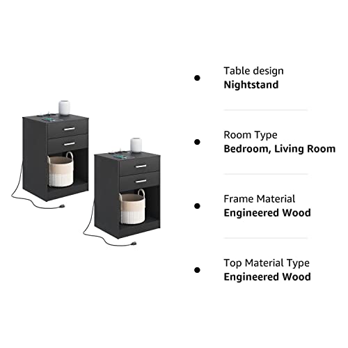 Tiptiper Nightstand Set of 2 with Charging Station,Black Night Stands for Bedroom,End Table Side Cabinet