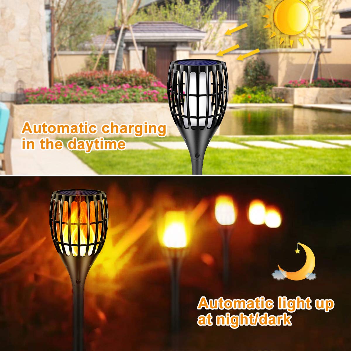 Ollivage Solar Torch Light with Flickering Flame, Solar Lights Outdoor Garden Waterproof Dancing Flames Lights, Flickering Flames Garden Lights, Landscape Decoration Pathway Patio Lights 43",8P