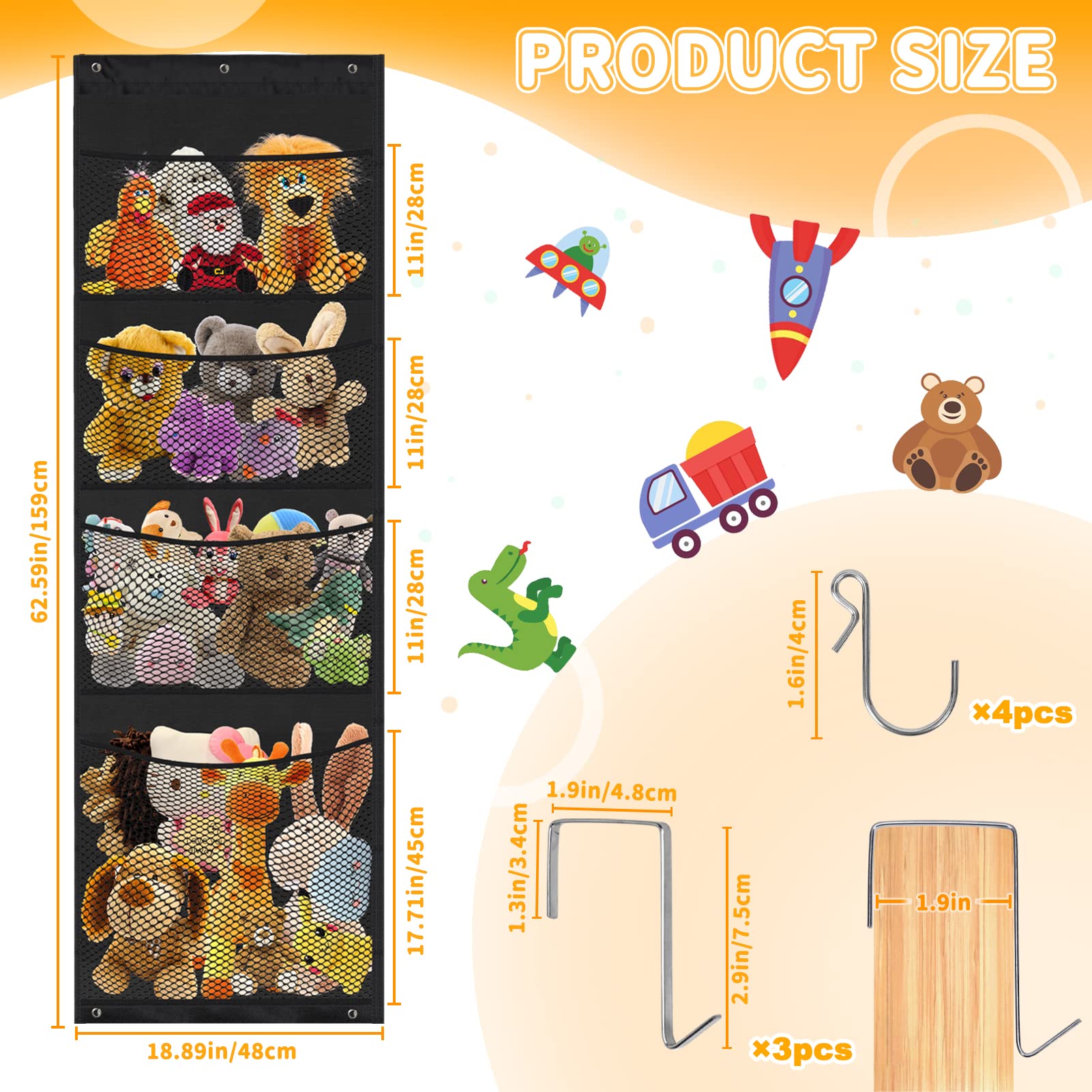 Over The Door Stuffed Animal Storage, Msoesticc.dl Hanging Stuff Animal Organizer with 4 Breathable Large Pockets Eassy Access Toy Storage for Kids Room Bathroom Nursery