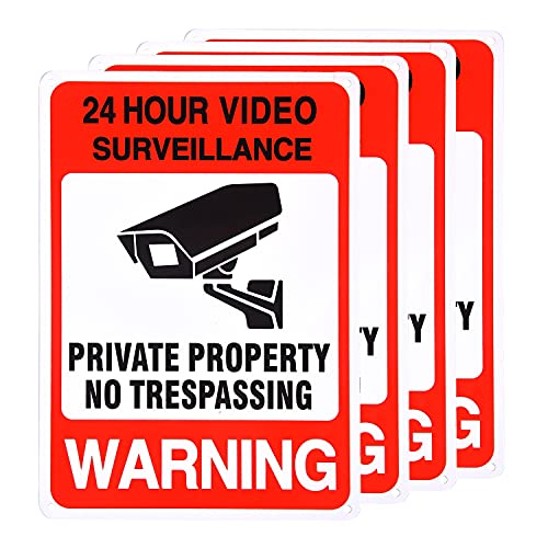 Olodeer 4 Pack Private Property No Trespassing Warning Sign,10x7 Inches 0.4 Aluminum Anti-Rust, 24 Hours Video Surveillance Warning Signs Outdoor Use