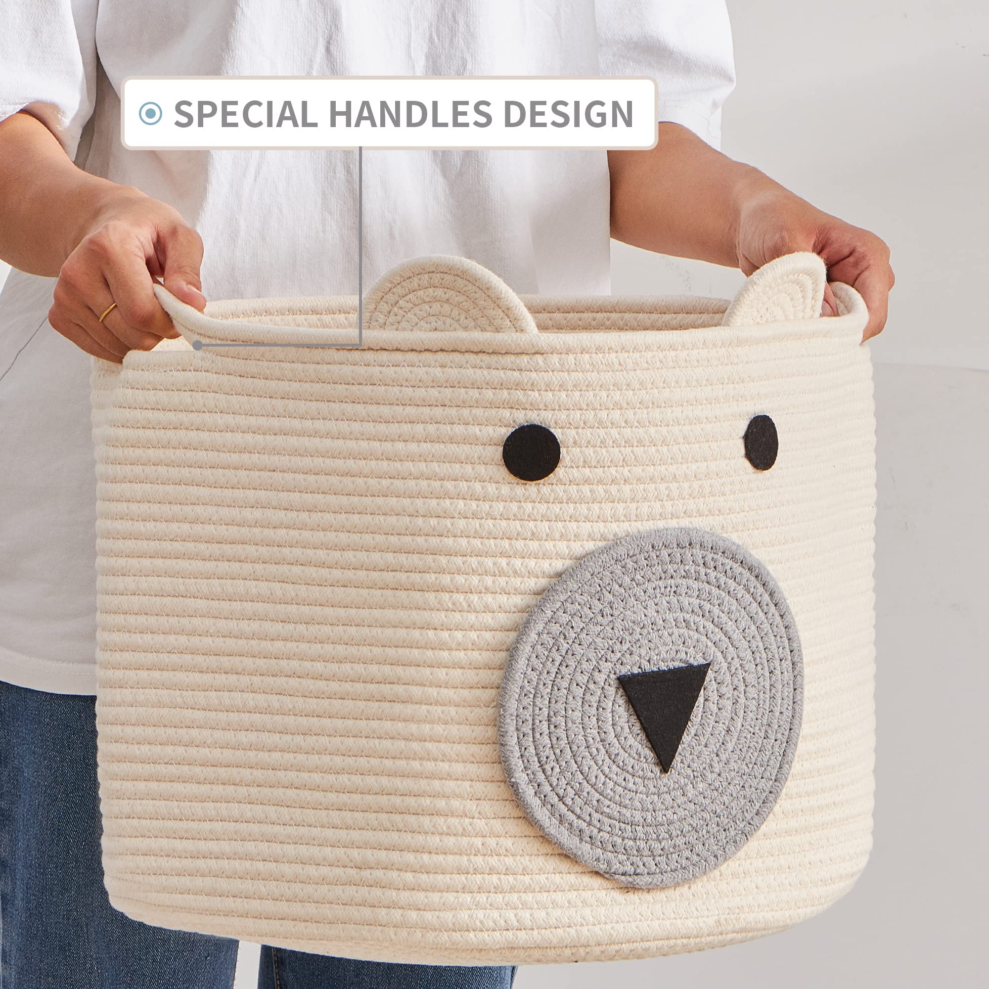 MELLBAY Cotton Rope Storage Basket, Cute Bear Toy Basket with Handles, Nursery Storage, Baby Laundry Basket, Clothes, Towels, Animal Baskets as Gift for Kids, christmas baskets, White, 16”(D) x 14”(H)