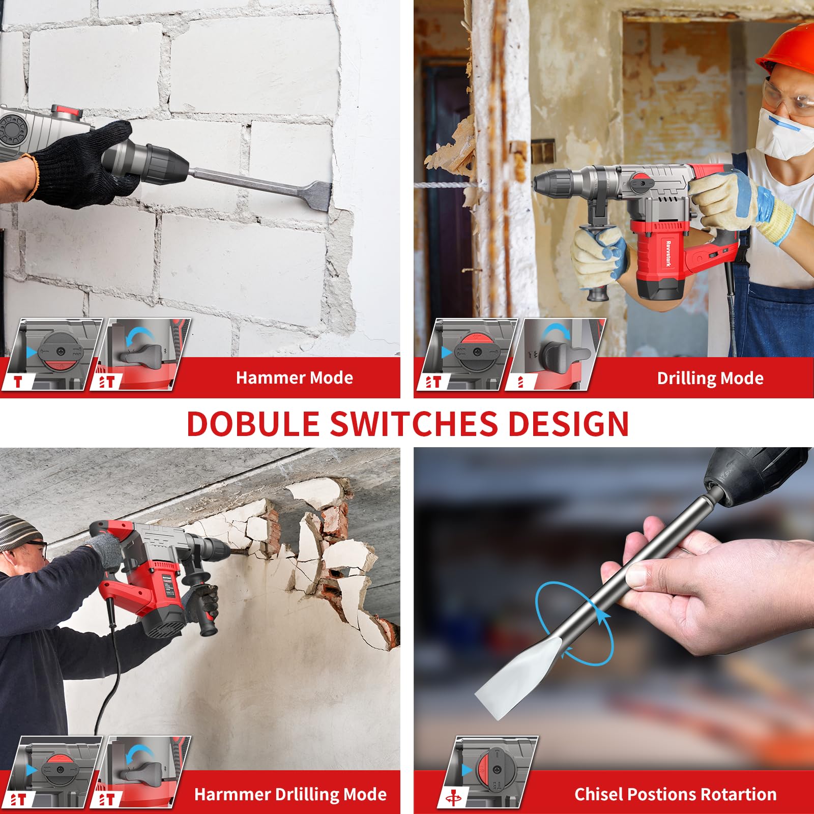 Rotary Hammer Drill, Revvstark 13 Amp 1-1/4 Inch SDS-Plus Heavy Duty Rotary Hammer Drill Powerful, Safety Clutch 4 Functions, Vibration Control Including Grease, Chisels, Drill Bits and Case