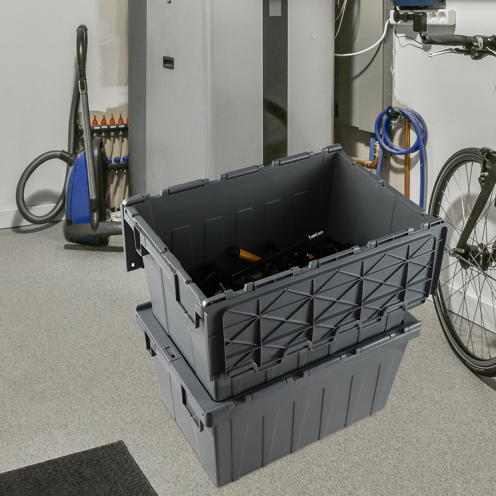 Oymlclivisa 15 Gallon Commercial Flip Top Tote Storage Container, Industrial Plastic Storage Totes, Gray, 4 Packs