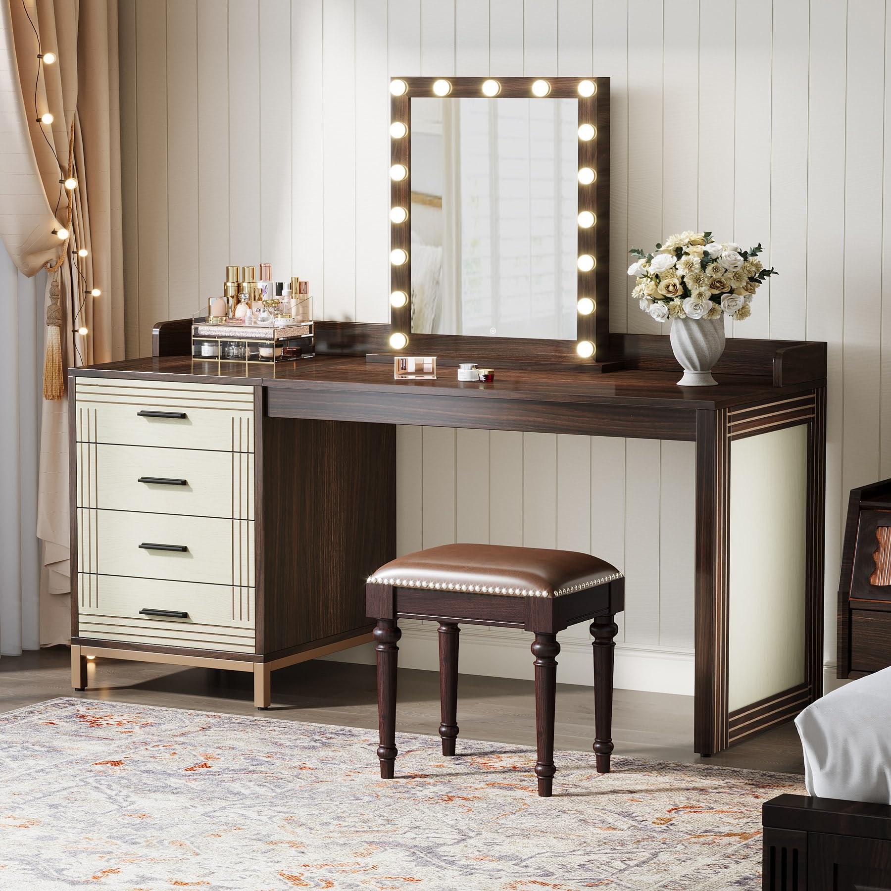 Tribesigns 61-Inch Vanity Desk with 4 Drawers, Mid-Century Modern Makeup Vanity Table, Wood Dressing Table for Bedroom, Brown & Beige (Table Only)