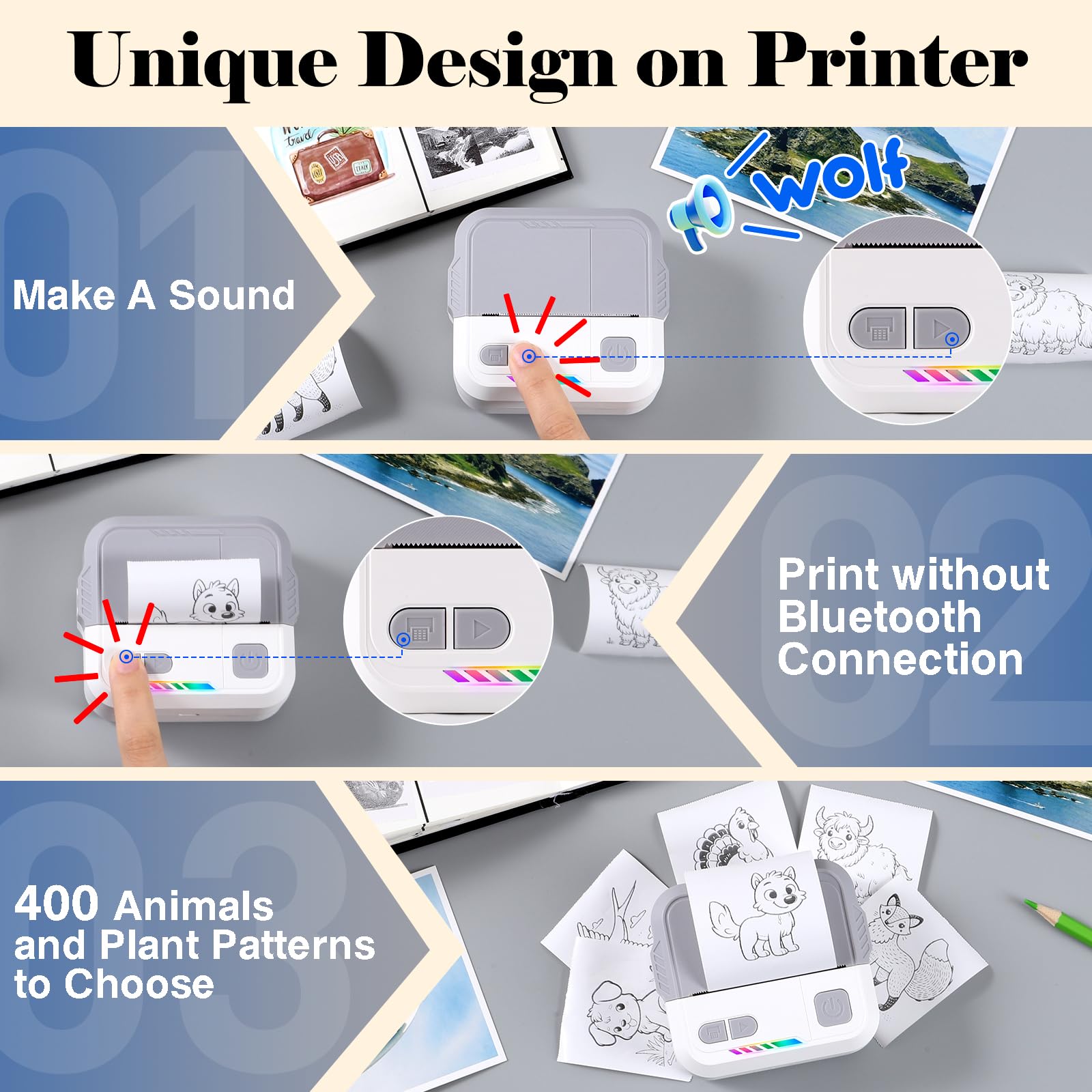Thermal Mini Printer, X100 Inkless Sticker Maker with Thermal Papers & Sticker Papers, Bluetooth Portable Pocket Phone Printer for Notes, Receipts, Pictures, DIY, Journal, Compatible with iOS&Android