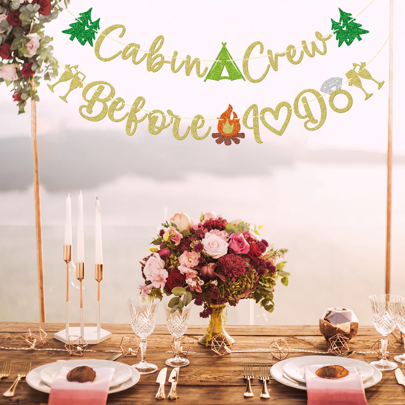 Qttier Cabin Crew Before I Do Banner, Camping Bachelorette Banner, Mountain Bachelorette Decorations, Camp Themed Bridal Shower Party Decor, Last Trail Before the Veil, Gold & Green Glitter