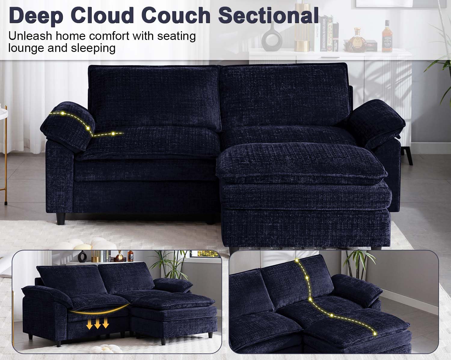 Suheww Cloud Sofa sectional Modular Loveseat Sofa couches, 86.6" Modern 2-Seat Convertible Loveseat Sofa with Ottoman, Comfy L-Shaped Extra Deep Seat Sofa Couch for Living Room Apartment(Blue