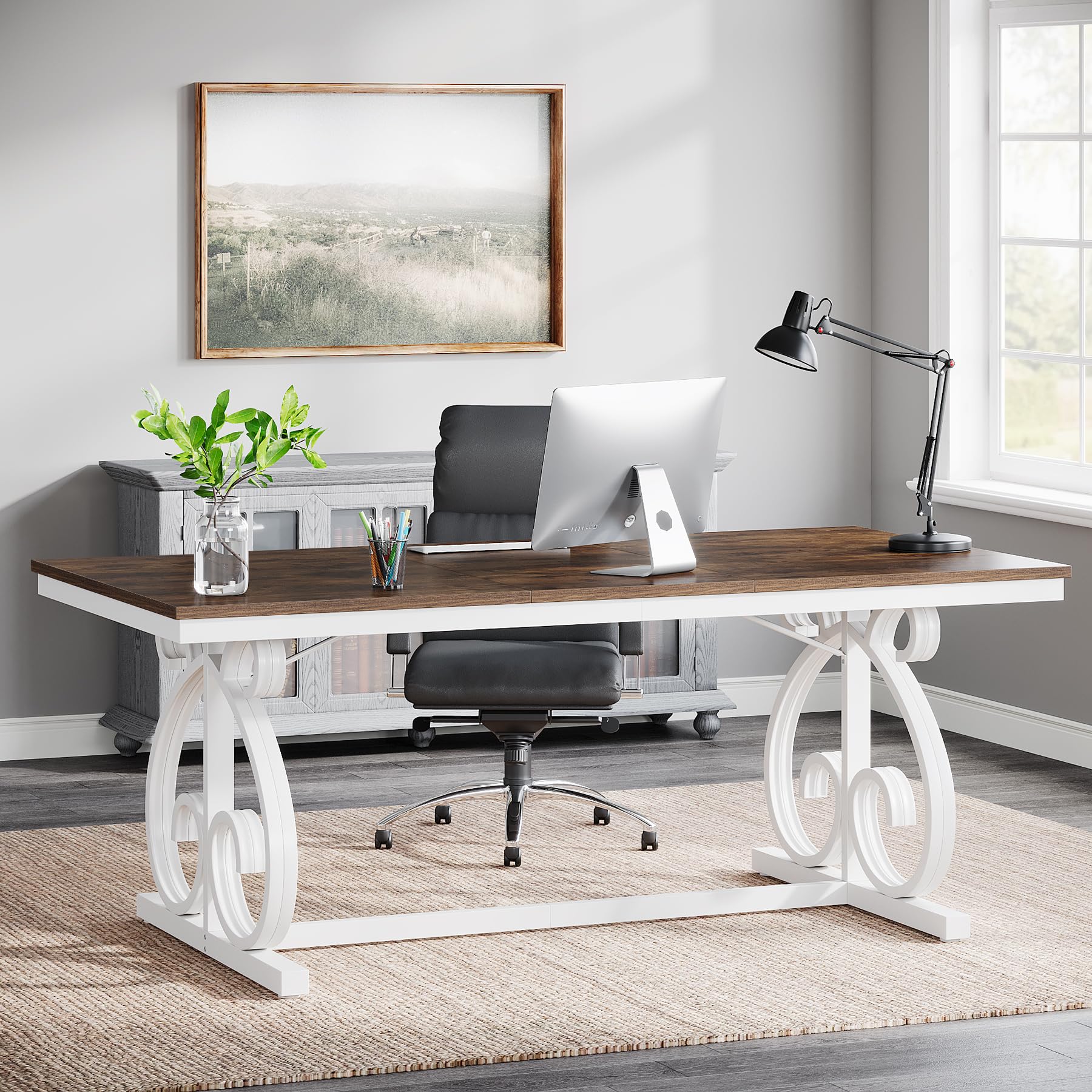 Tribesigns 63-Inch Executive Office Desk: Large Computer Desk with Metal Legs, Wood Modern Office Desk Writing Desk Workstation for Home Office, Brown + White