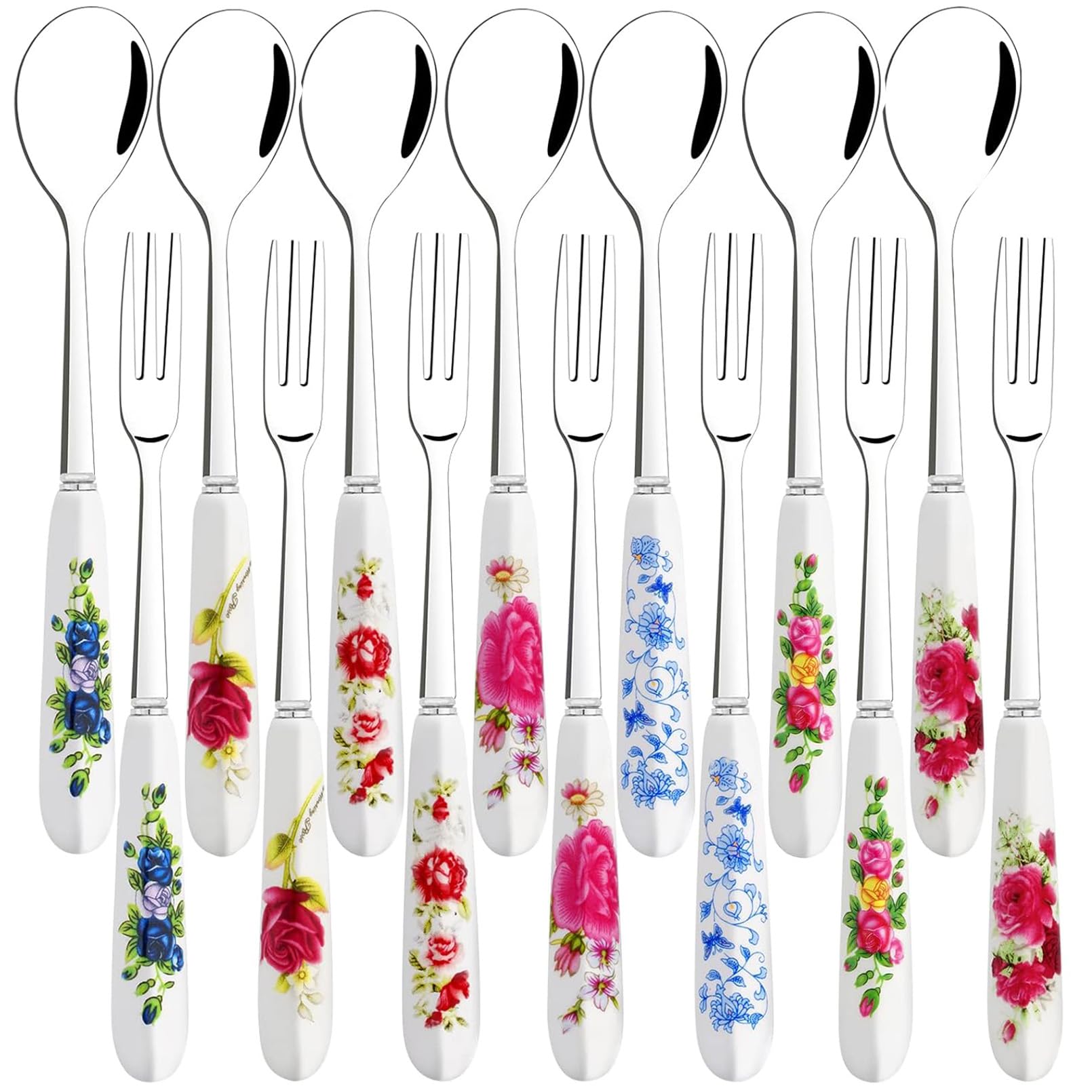 xlehoely 14 Pcs Dessert Forks and Spoons Silverware Set,Stainless Steel Cutlery Forks,Mini Coffee Spoons Pastry Forks with Porcelain Handles,Cake Forks Tea Spoons for Dessert Appetizers,Salad,Fruit