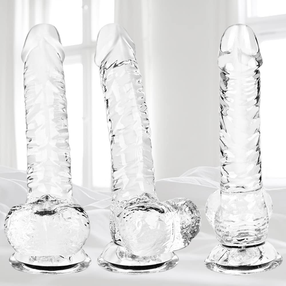 Hands-Free Pleasure with a Clear Suction Cup Dildo - Realistic 8.2 Inch Design with Curved Shaft and Balls for G-spot and Anal Stimulation.