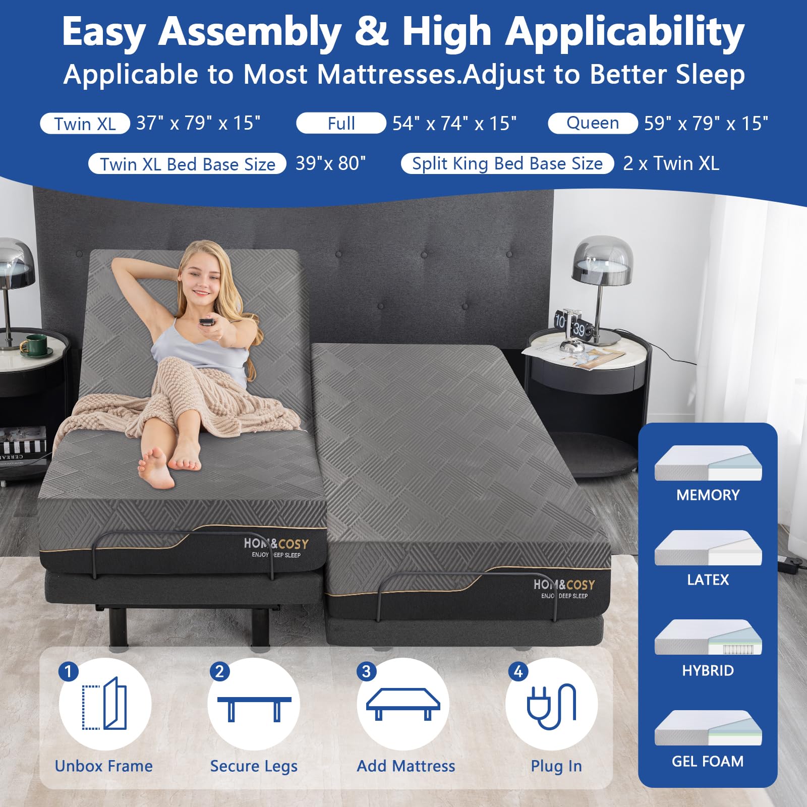 Split King Adjustable Bed Base with Grey Mattress, 12 Inch Gel Memory Foam Medium-Firm Mattress in Box, Adjustable Bed Frame, Thickened Form Frame, Massage, Wireless Remote, Electric Smart Bed