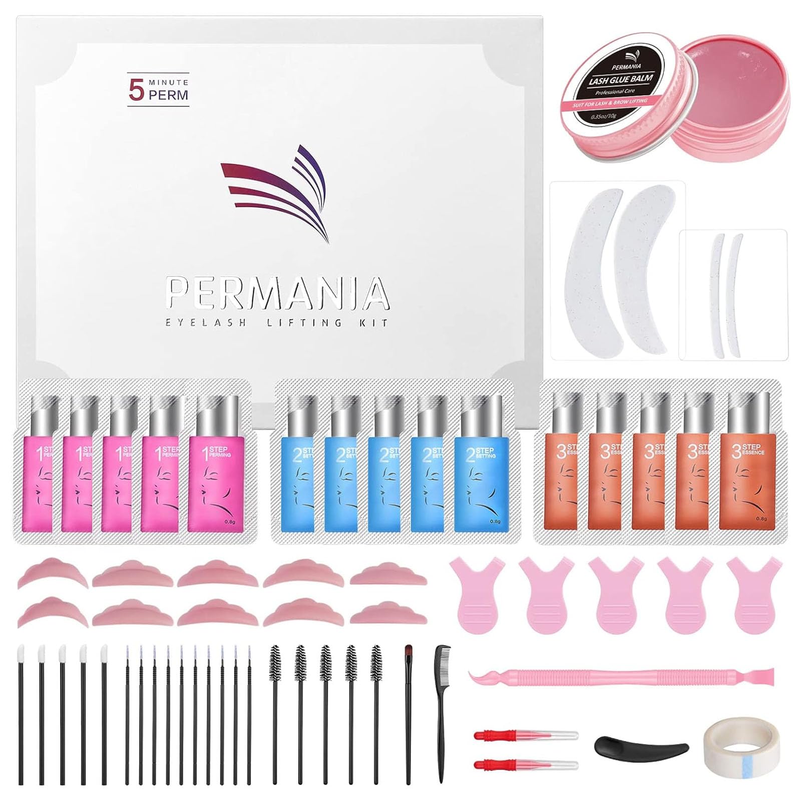 PERMANIA Lash Perm Kit, Lash Lift Sachet Kit with New Eyelash Lifting Glue Balm Smells Great Keeps Both Lashes and Brows in Place 8 Weeks Eyelash Curler and Brow Lamination