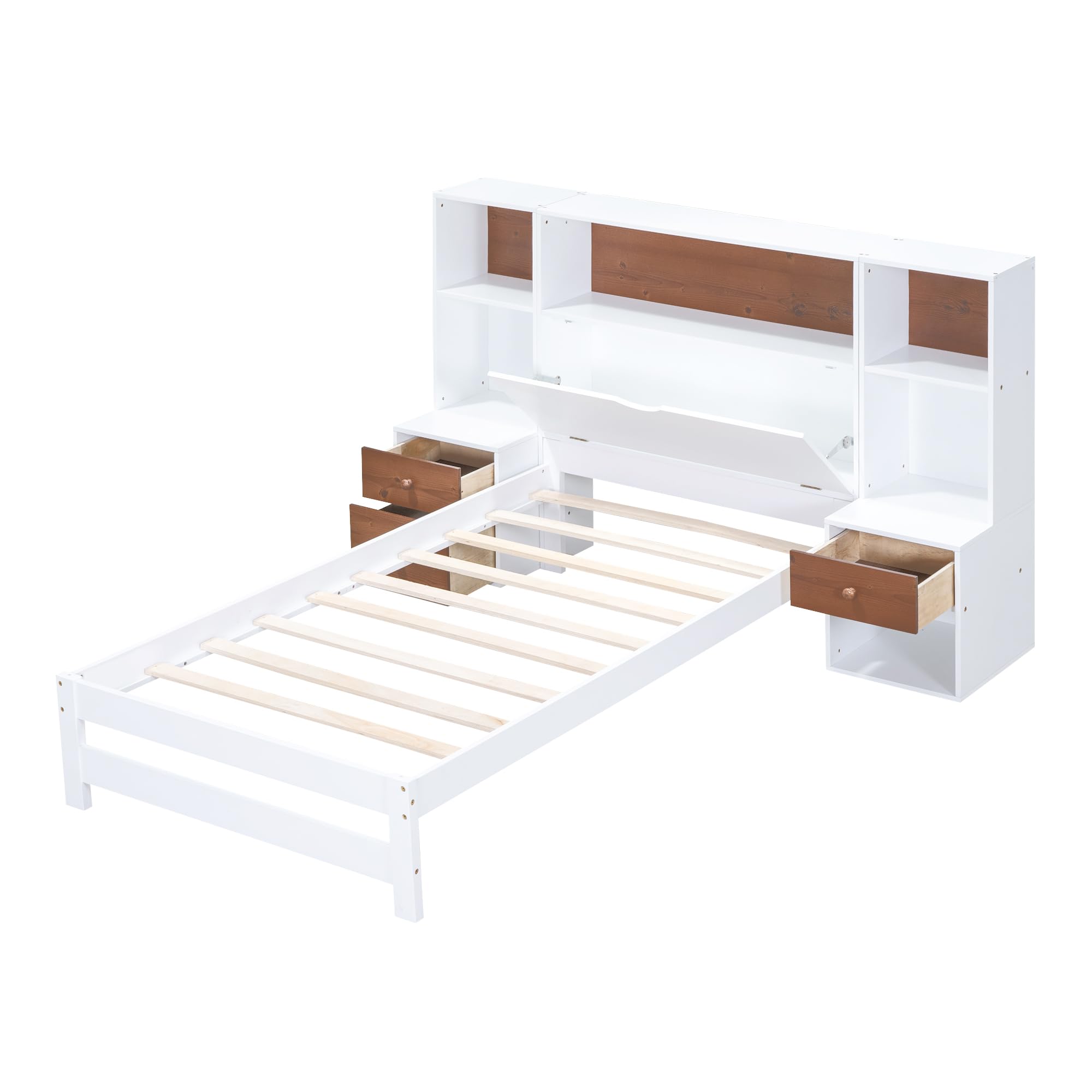 Twin Bed Frame with Storage Headboard and Drawers, Wood Twin Size Platform Bed with Flip-top Storage and Open Shelves, Twin Size Bed with Bookcase and Built in Nightstands, White (Twin)