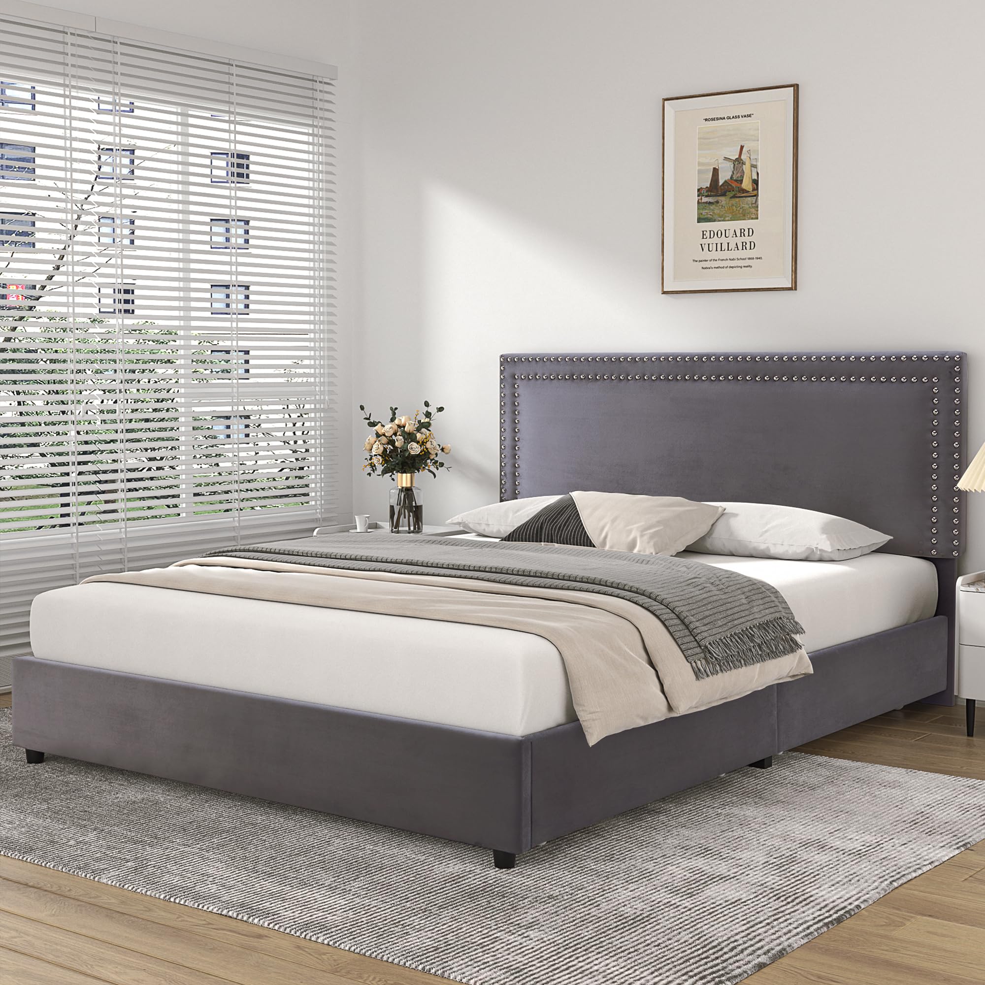 VECELO Queen Size Upholstered Platform Bed Frame with 4 Storage Drawers, Adjustable Velvet Rivets Headboard, Wooden Slats Support, No Box Spring Needed, Easy Assembly