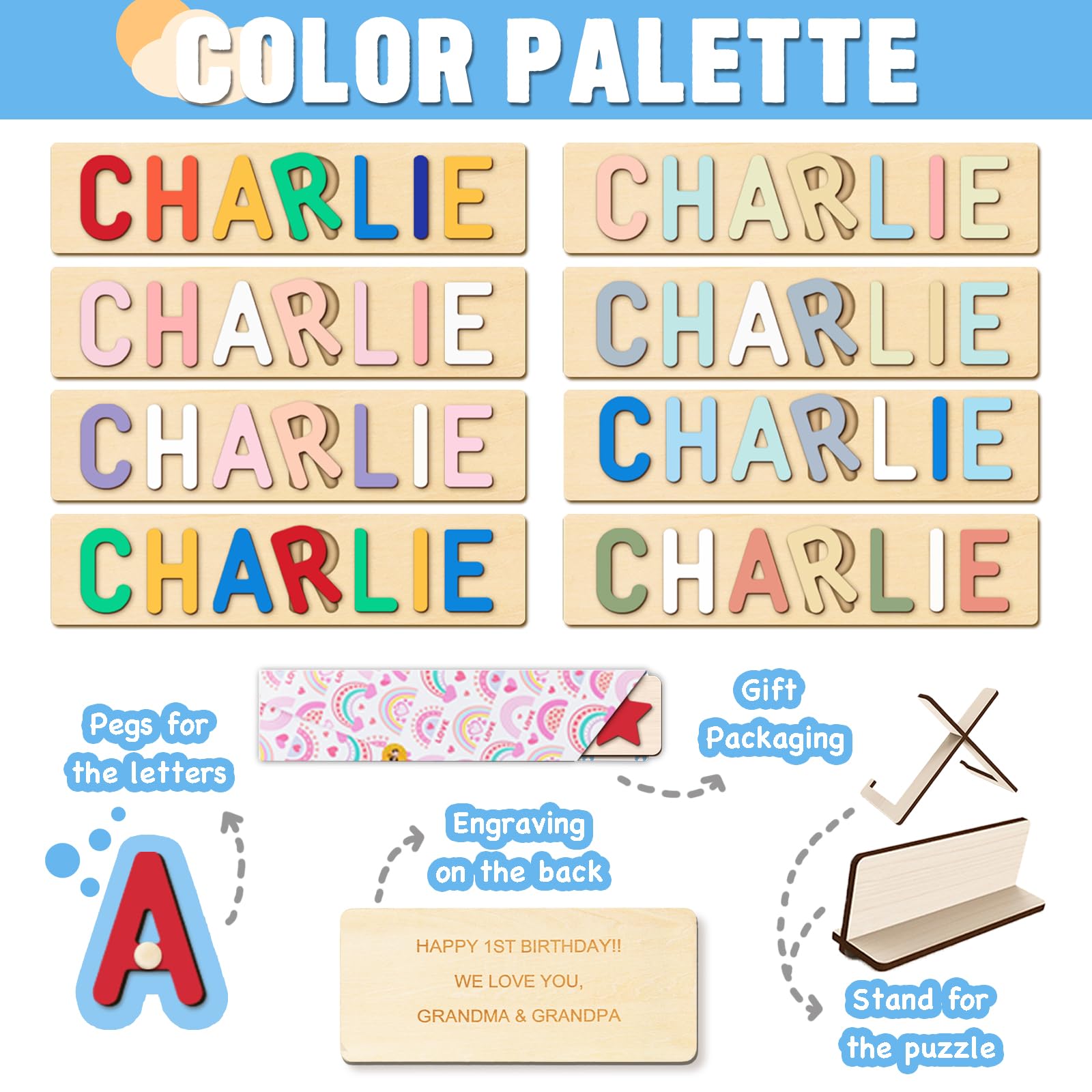 Name Puzzle for Kids Personalized, Easter Basket Stuffers for Toddler, with Gift Wrapping and Customizable Blessing on The Back