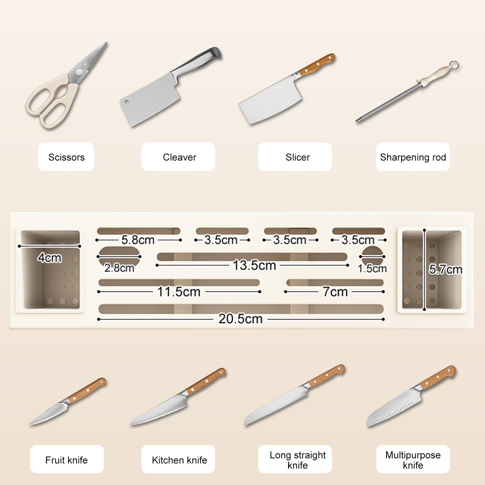 Universal Knife Block Holder with Slots for Scissors and Sharpening Rod Space Saver Knives Storage Stand Display without Knives Unique Slot Design to Blade