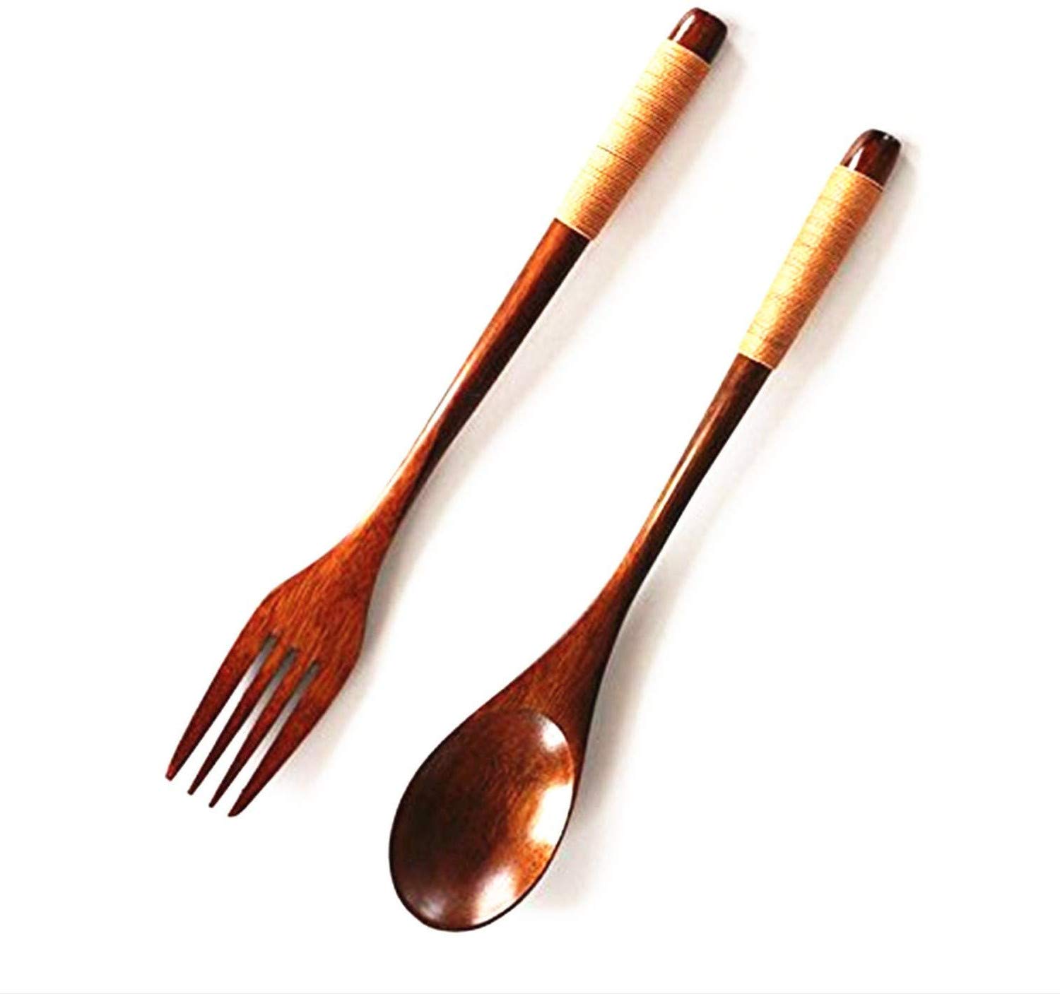 XMHF Wooden Spoons Forks Set Kitchen Tableware Dinnerware Flatware Natural Wood Cutlery Wooden Dinner Utensil Set, 2 Spoons and 2 Forks Brown Tied Line