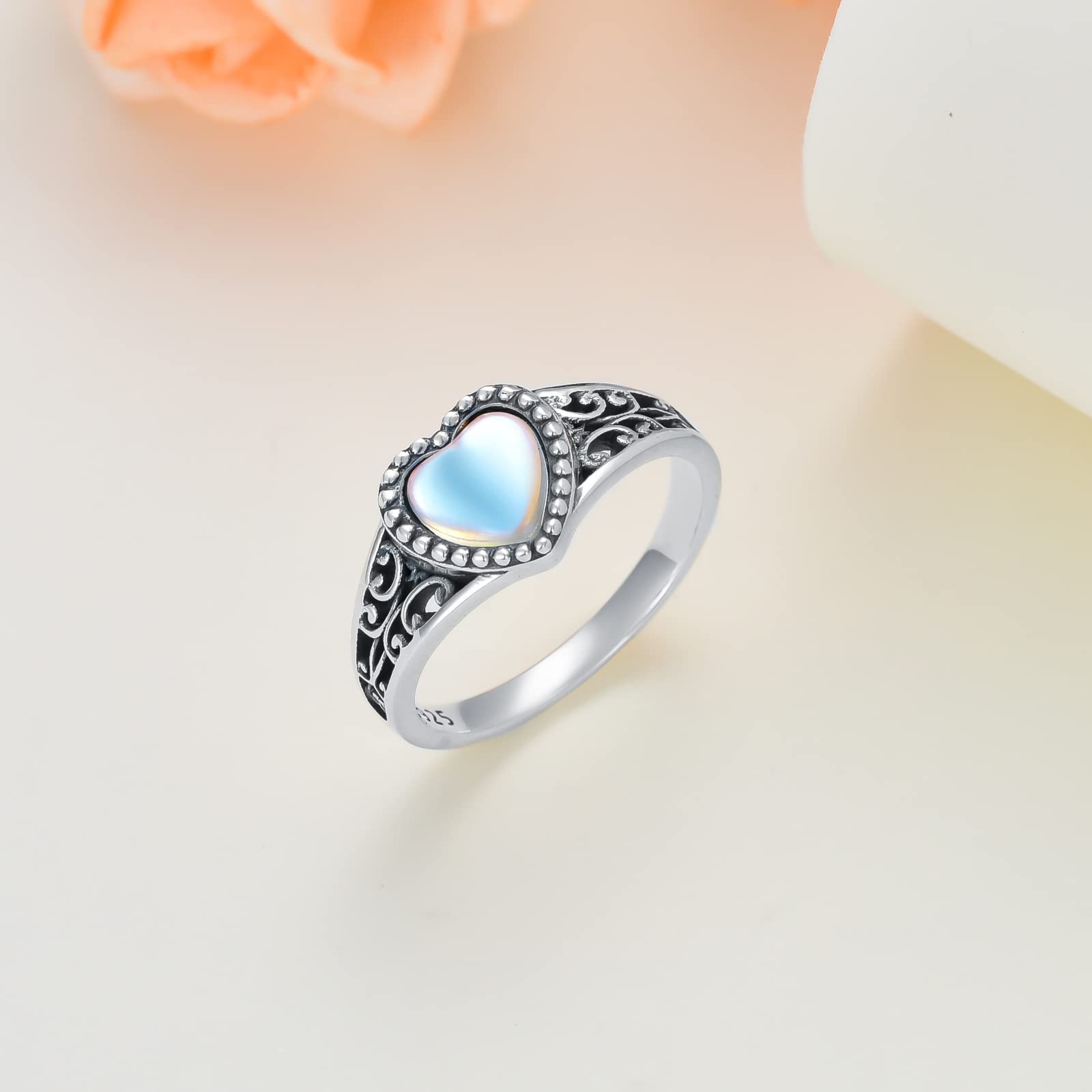 LONAGO Created Moonstone Ring 925 Sterling Silver Heart Shaped Vintage Ring Jewelry (Size 9)