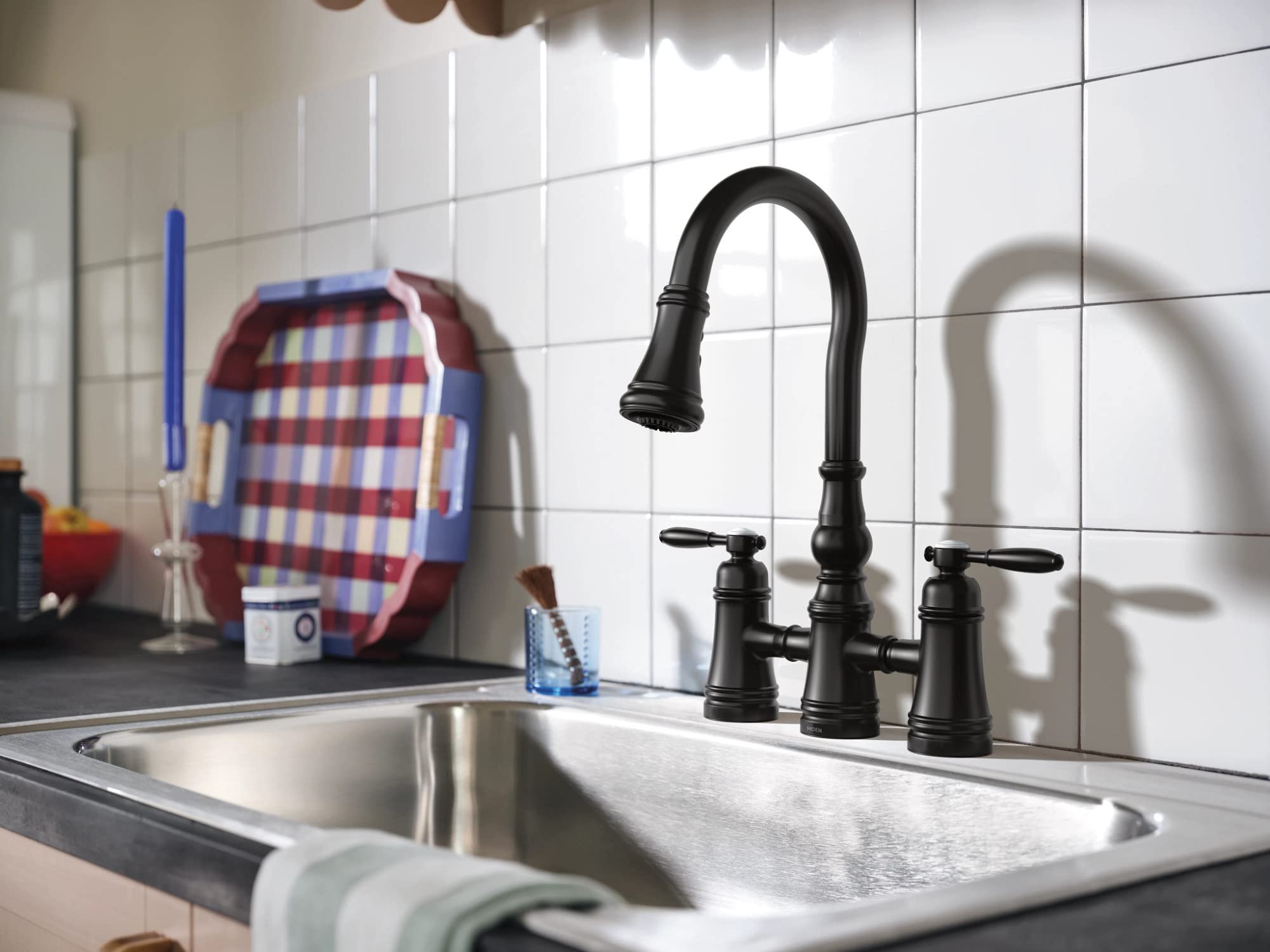 Moen S73204BL Weymouth Two Handle Pulldown Bridge Kitchen Faucet, No Size, Matte Black