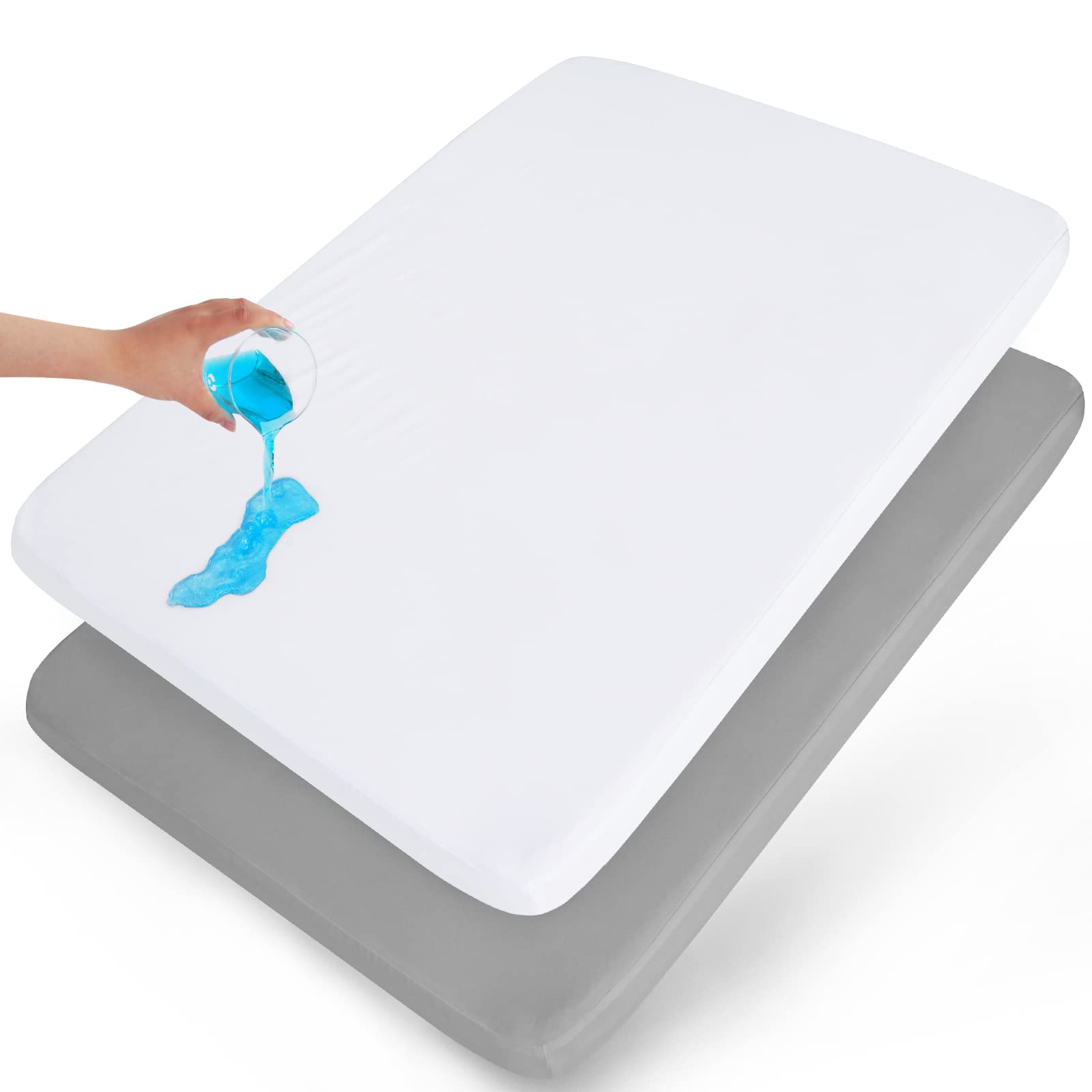 Pack N Play Mattress Pad Sheets Fitted Waterproof Mini Crib Mattress Protector 39β x 27β & Mini Crib Sheets, Pack n Play Sheet Fitted, 2 Pack