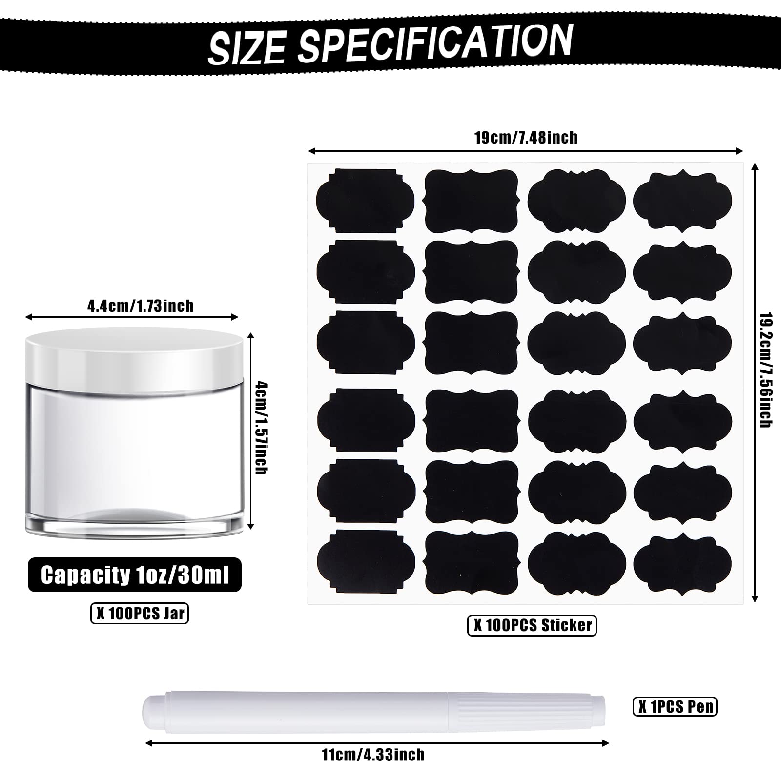 Potchen 100 Set Plastic Jars Makeup Travel Makeup Container with Lids Storage Containers for Creams Toiletries Small Containers with Lids Chalkboard Label Stickers Marker (White, 1 Oz)