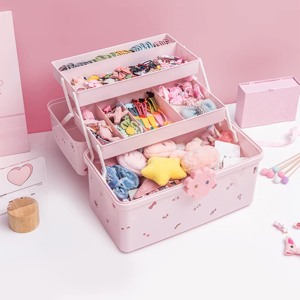 Srutirbo Hair Accessories Organizer for Girls,Portable 3-Layers Plastic Box with Fold Tray and Handle, Lockable Container for Art Supply, Makeup, Nail, Hair Accessories