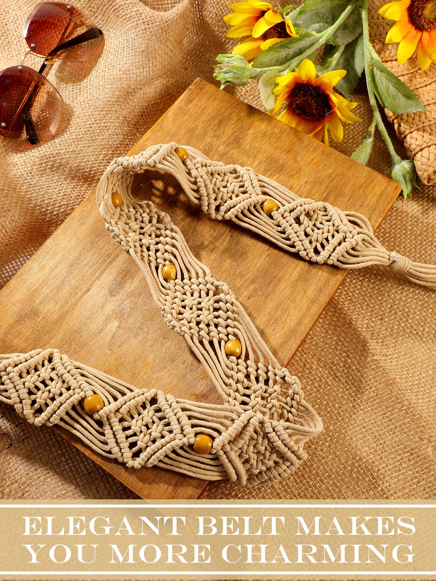 Hercicy Women Bohemian Style Belt Macrame Braid Waist Belt for Dresses Christmas (Khaki) Medium