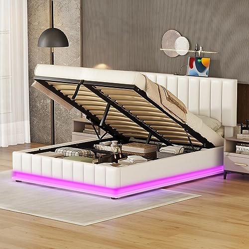 SIYSNKSI Queen Size Upholstered Bed with Hydraulic Storage System and LED Light, PU Leather Upholstered Platform Bed Frame with Adjustable Headboard and USB Ports for Kids Teens Adult Bedroom