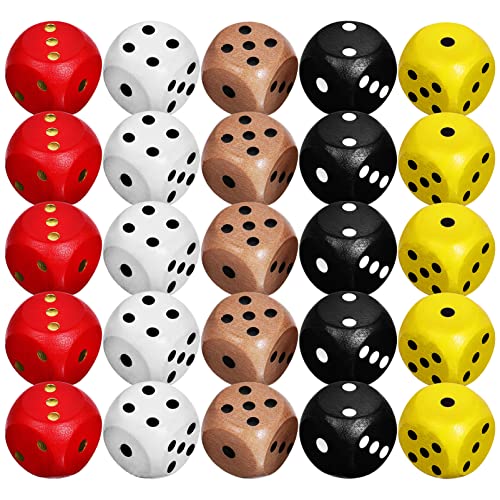 NUOBESTY 25pcs 16mm Game Dice Set, 6 Sided Dice 5 Colors Rounded Corner Dot Dice Wooden Standard Game Dice for Classroom Math Teaching Board Games