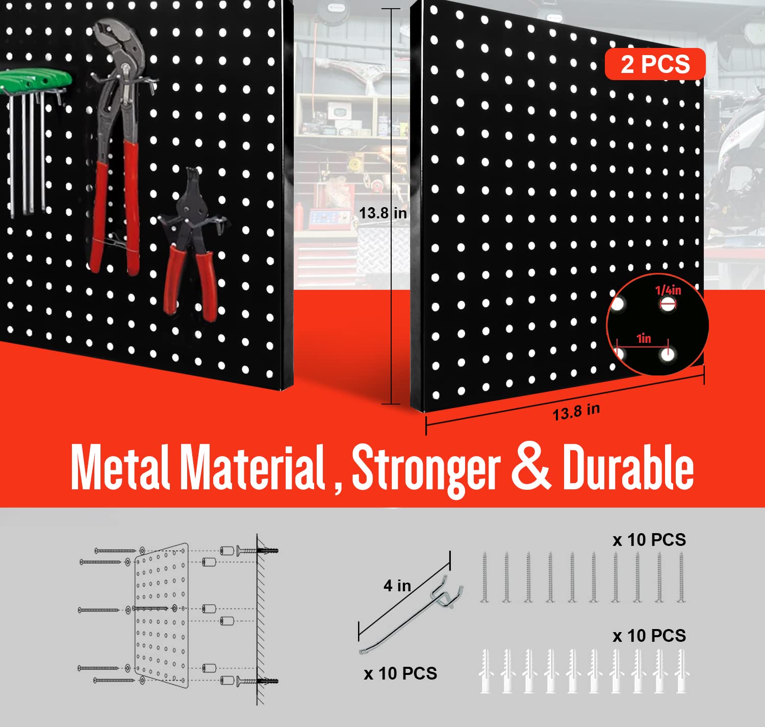 Pegboard 2 PCS, Pegboard Wall Organizer, Black Peg Board Metal Pegboard Panels with 8 Pcs Pegboard Hooks, Garage Tool, Craft Room, Indoor Wall Organization Storage Kits, Father's Day Gift