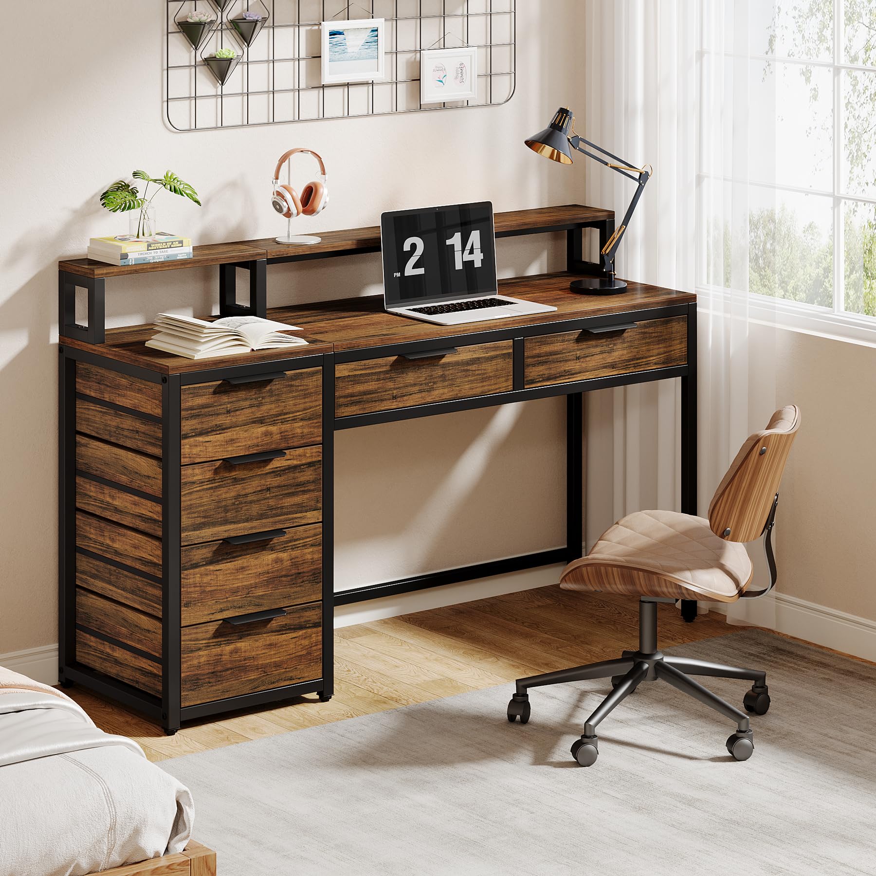 Tribesigns Computer Desk with 6 Drawers, 55-Inch Home Office Desk with Monitor Stand, Industrial PC Study Desk Writing Table Workstation for Home Office, Rustic Brown