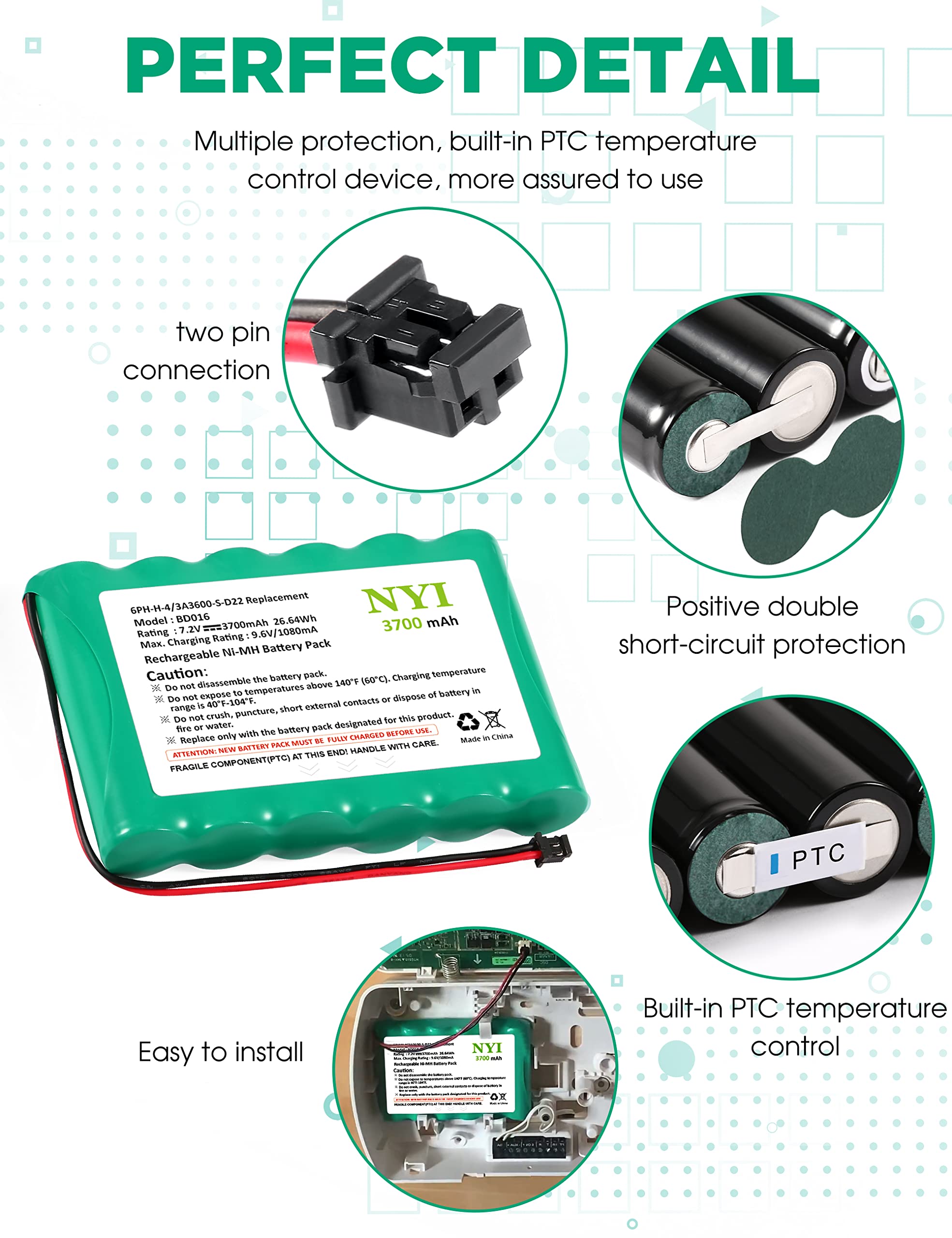 NYI Upgraded 3700mAh Battery Compatible with DSC IMPASSA 9057 2-Way Wireless Security System Alarm Panel, 6PH-H-4/3A3600-S-D22 Replacement, 7.2V Rechargeable Ni-MH Battery Pack for ADT Control Panel