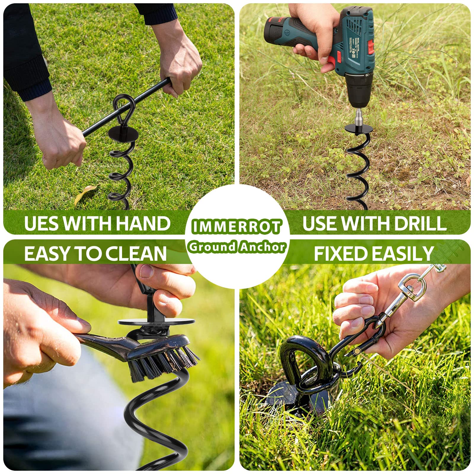 IMMERROT 6 PCS 15.3 Inch Ground Anchors Heavy Duty for High Winds Screw in Earth Anchor Swing Set Spiral Auger Stakes Suitable for Tent Trampoline Tree Garden Fence Sheds Swingset, Easy Use with Drill