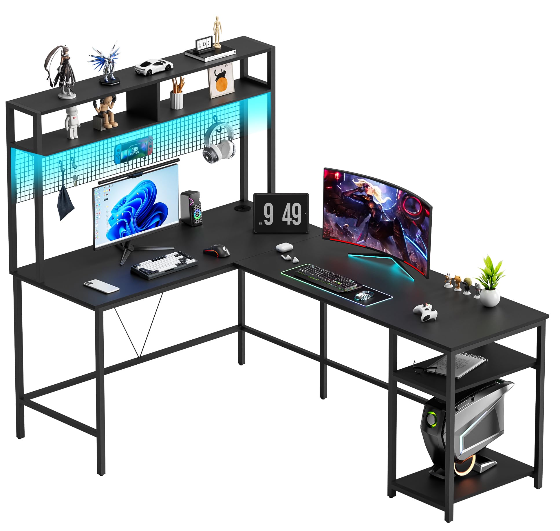 VEELOK 67 inch L Shaped Gaming Desk with Hutch Pegboard LED Lights, L Shape Desk for Home Office Bedroom
