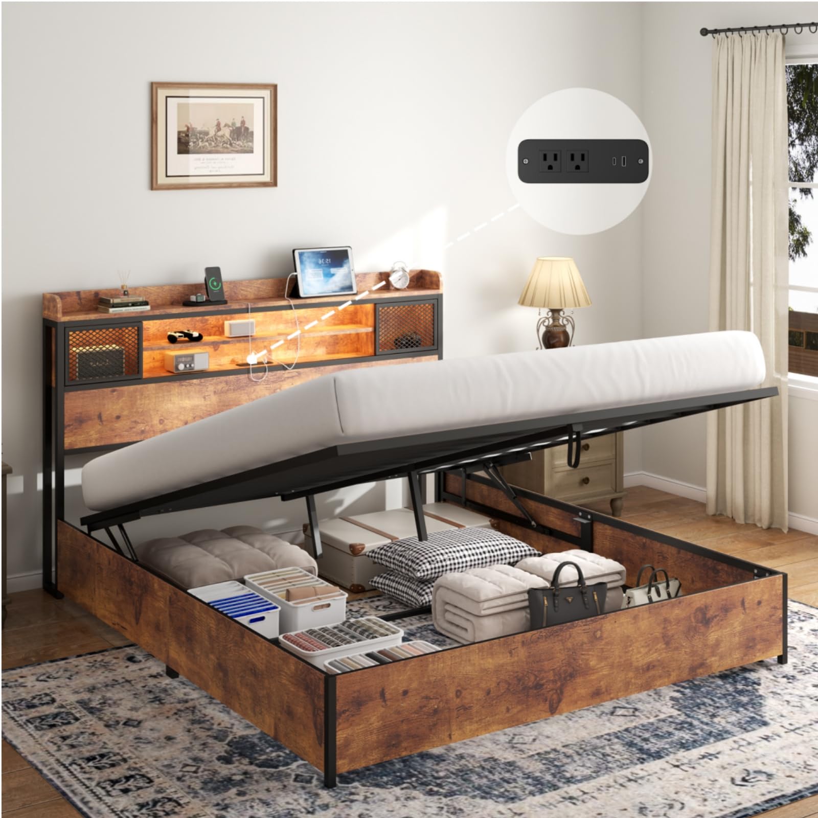 Queen Size Lift Up Storage Bed Frame with Hydraulic Storage And Bookcase Headboard, LED Queen Bed Frame with Charging Station, Metal Platform Bed with Storage, No Box Spring Needed(Vintage Brown)