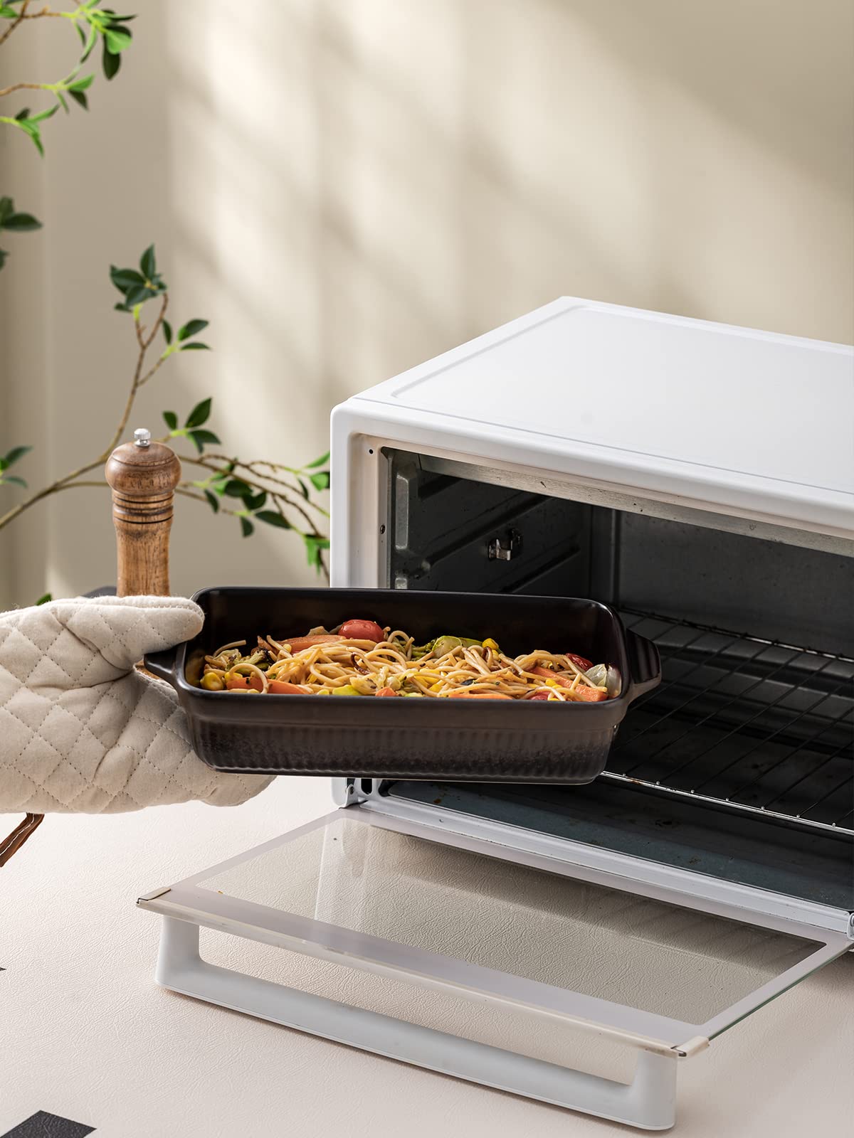 Kanwone Ceramic Baking Dishes, Rectangular Lasagna Pans, Casserole Dishes, Bakeware Set for Cooking, Kitchen, Cake Dinner, 9 x 13 Inches, Stripe Series - Reactive Glazed (Matte Black)