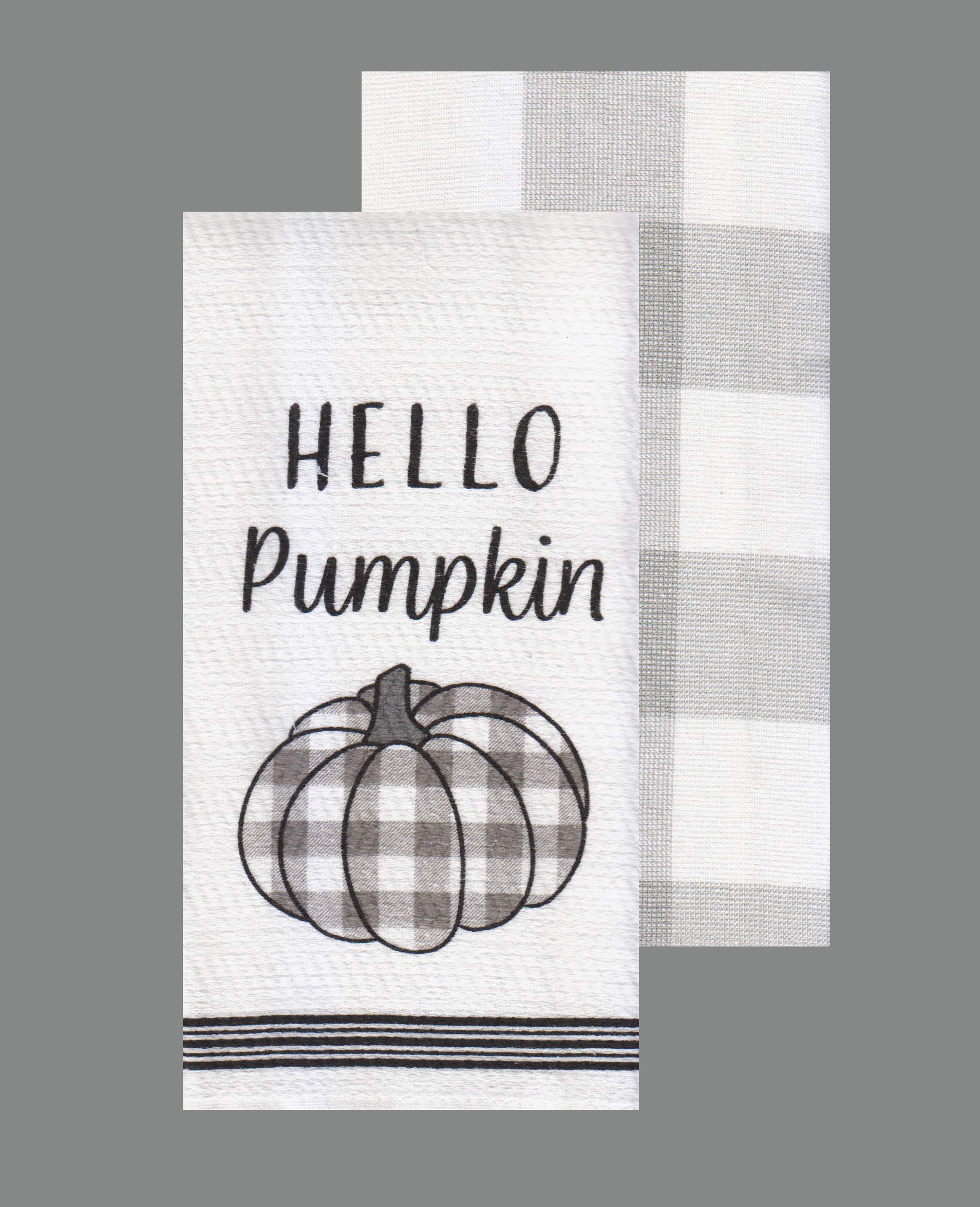 Mainstream Hello Pumpkin Kitchen Hand Towels, Grey and White Checked Buffalo Plaid, Set of 2 Coordinating Cotton Dishtowels for Fall and Thanksgiving Decorating, 16 x 26 inches