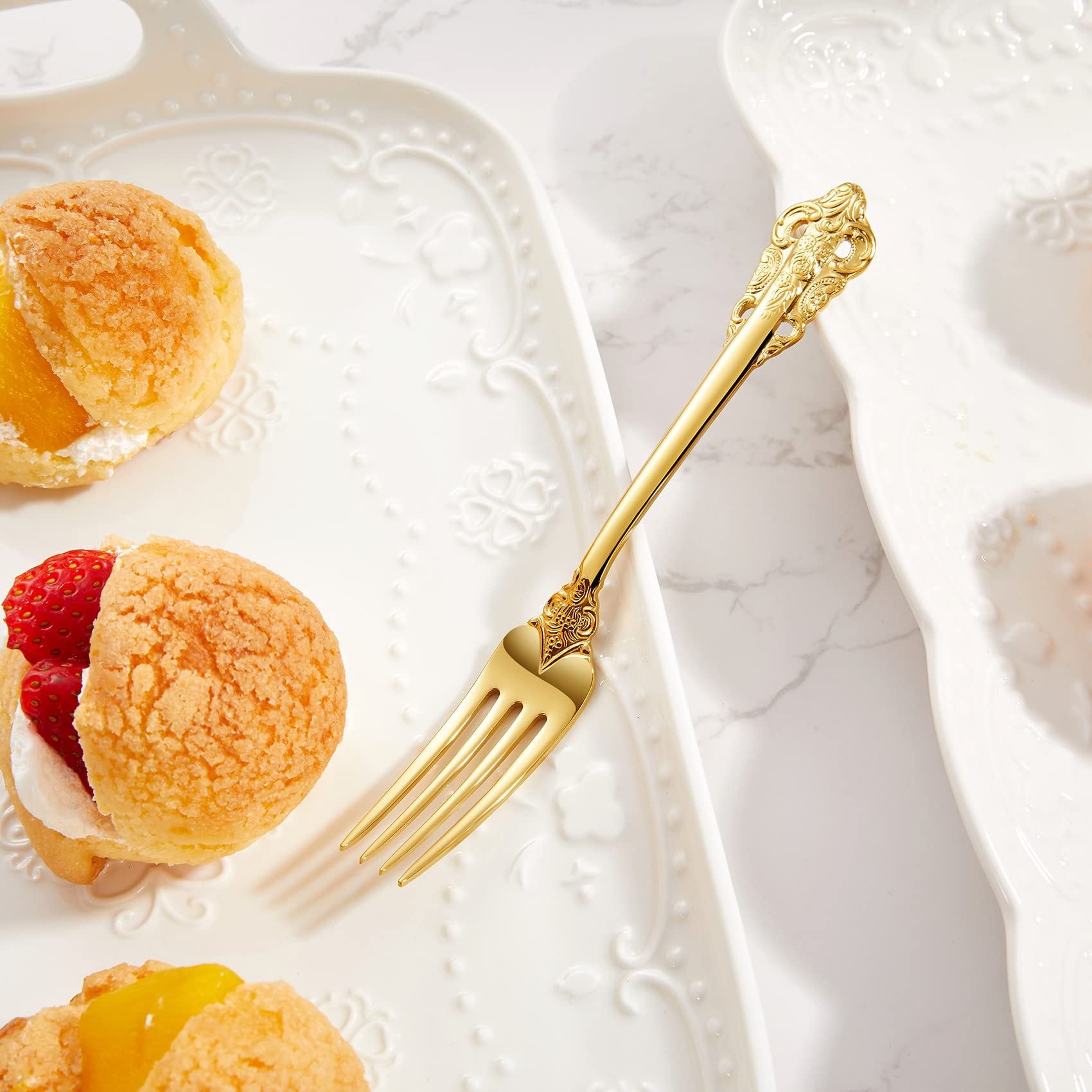 KEAWELL Luxury 5.9" Appetizer Forks, 18/10 Stainless Steel, Set of 4, Gorgeous Cocktail Forks/Dessert Forks (Gold)
