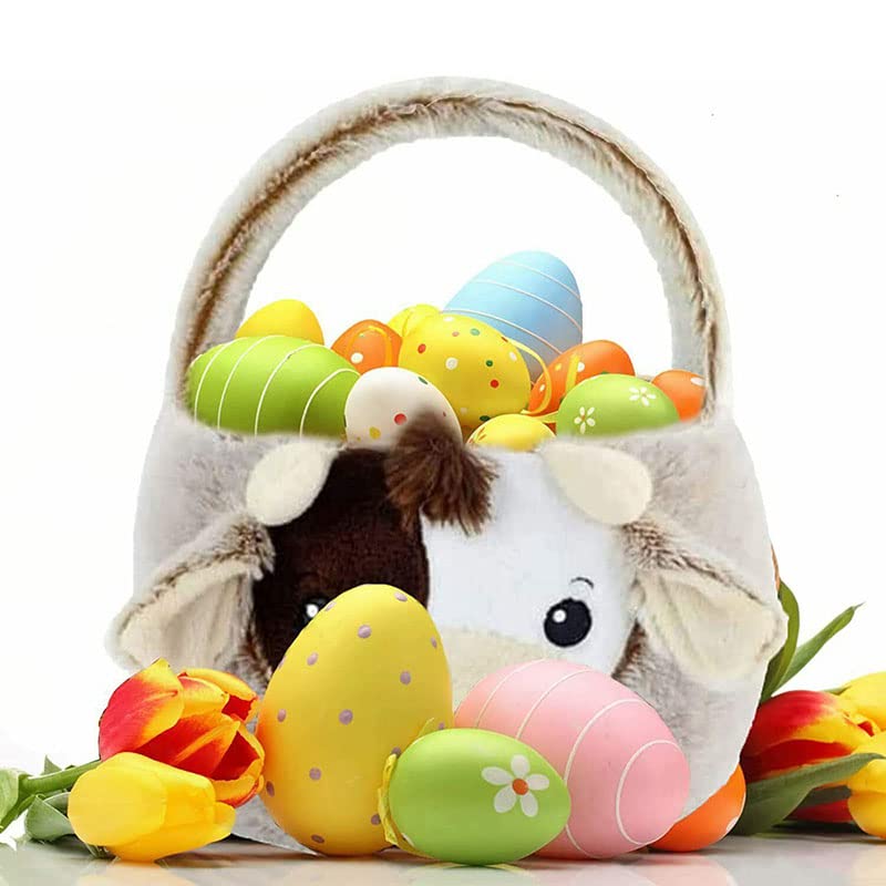 My First Easter Basket for Kids Easter Plush Cow Basket Bags with Plush Ear Easter Eggs Hunting Bag Cute Candy Gifts Storage for Boys Girls (White, 25cm)