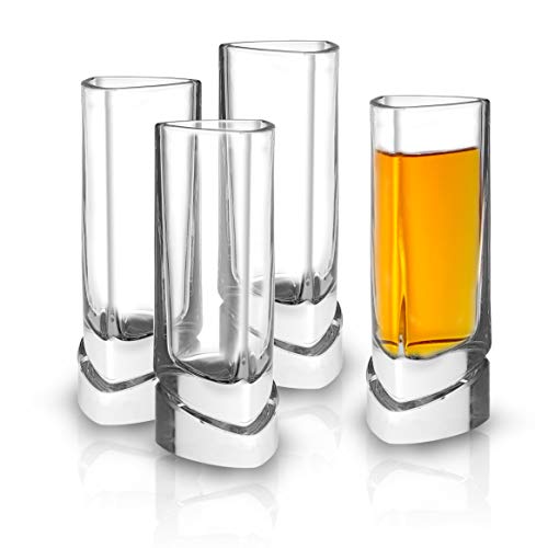 JoyJolt Aqua Vitae Shot Glass Set of 4. Crystal Shot Glasses, Triangle Clear Shot Glasses Set with Off Set Base. 1 – 2 oz Cups for Tequila, Limoncello, Vodka or Aperitif. Fun Christmas Gifts
