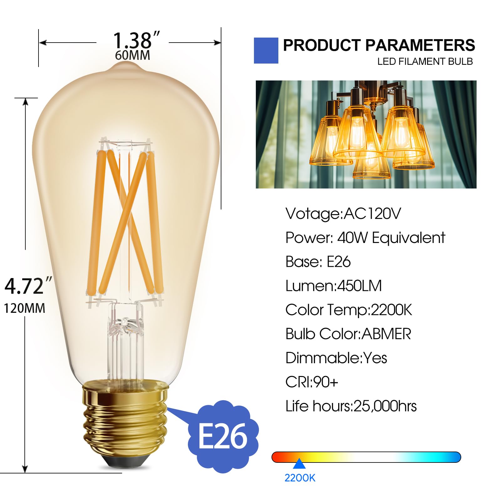 VATION LIGHTING 6 Pack ST19 ๐๐ฆ๐๐๐ซ ๐๐ฅ๐จ๐ฐ ๐๐ข๐ง๐ญ๐๐ ๐ ๐๐๐ข๐ฌ๐จ๐ง ๐๐ข๐ ๐ก๐ญ ๐๐ฎ๐ฅ๐ LED Filament Bulb 5W with Amber Glass, 90+ High CRI, Dimmable 2200K, E26 Medium Base, UL Listed
