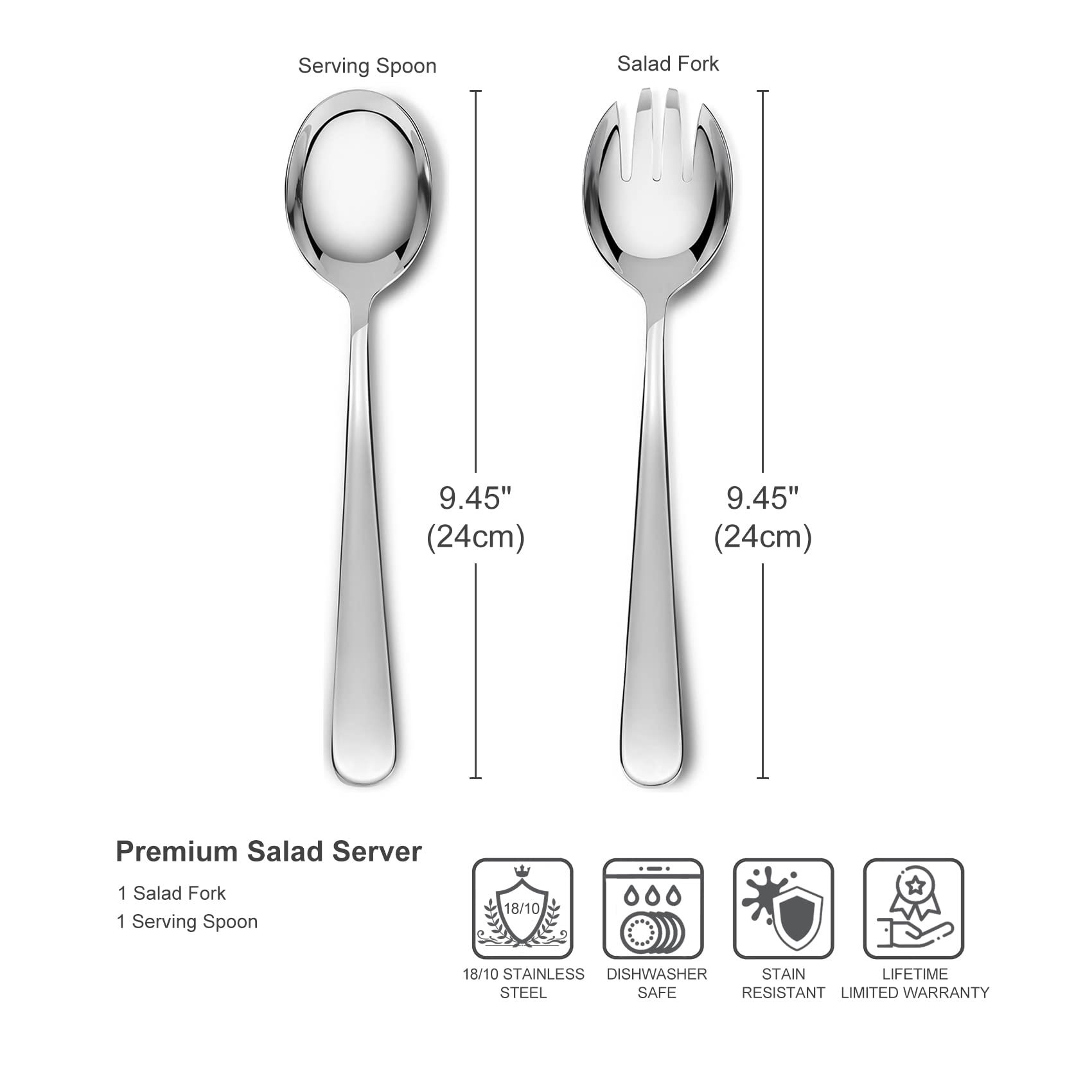 KEAWELL Premium 9.45" Louise Salad Servers, 18/10 Stainless Steel, Exceptional mirror finish, Dishwasher Safe (Salad Servers)