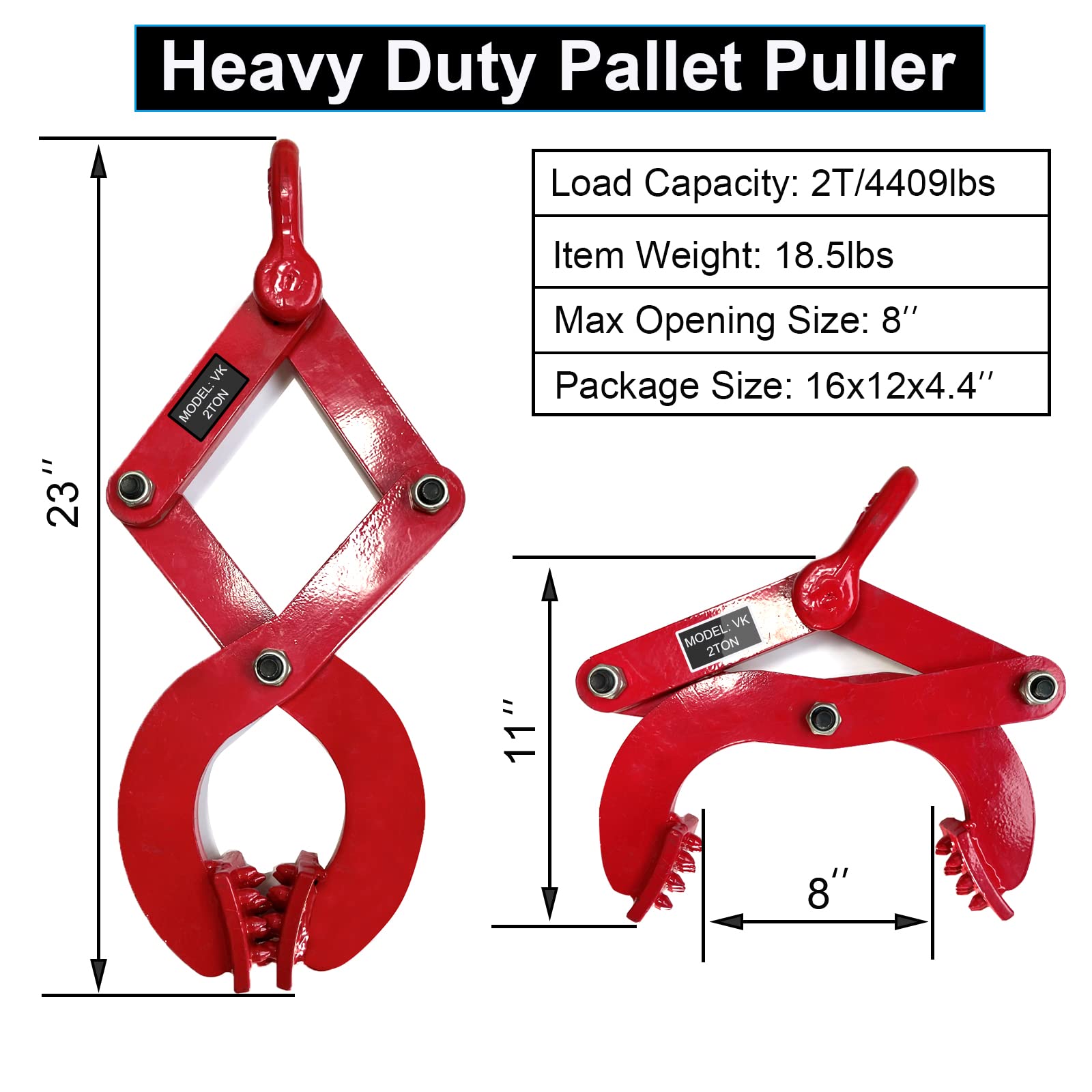Pallet Puller 2T/4409lbs Capacity Heavy Duty Steel Single Scissor for Pulling Pallets, Woods and Other Things Easily, 8 Inches Bigger Jaw Opening Pallet Grabber